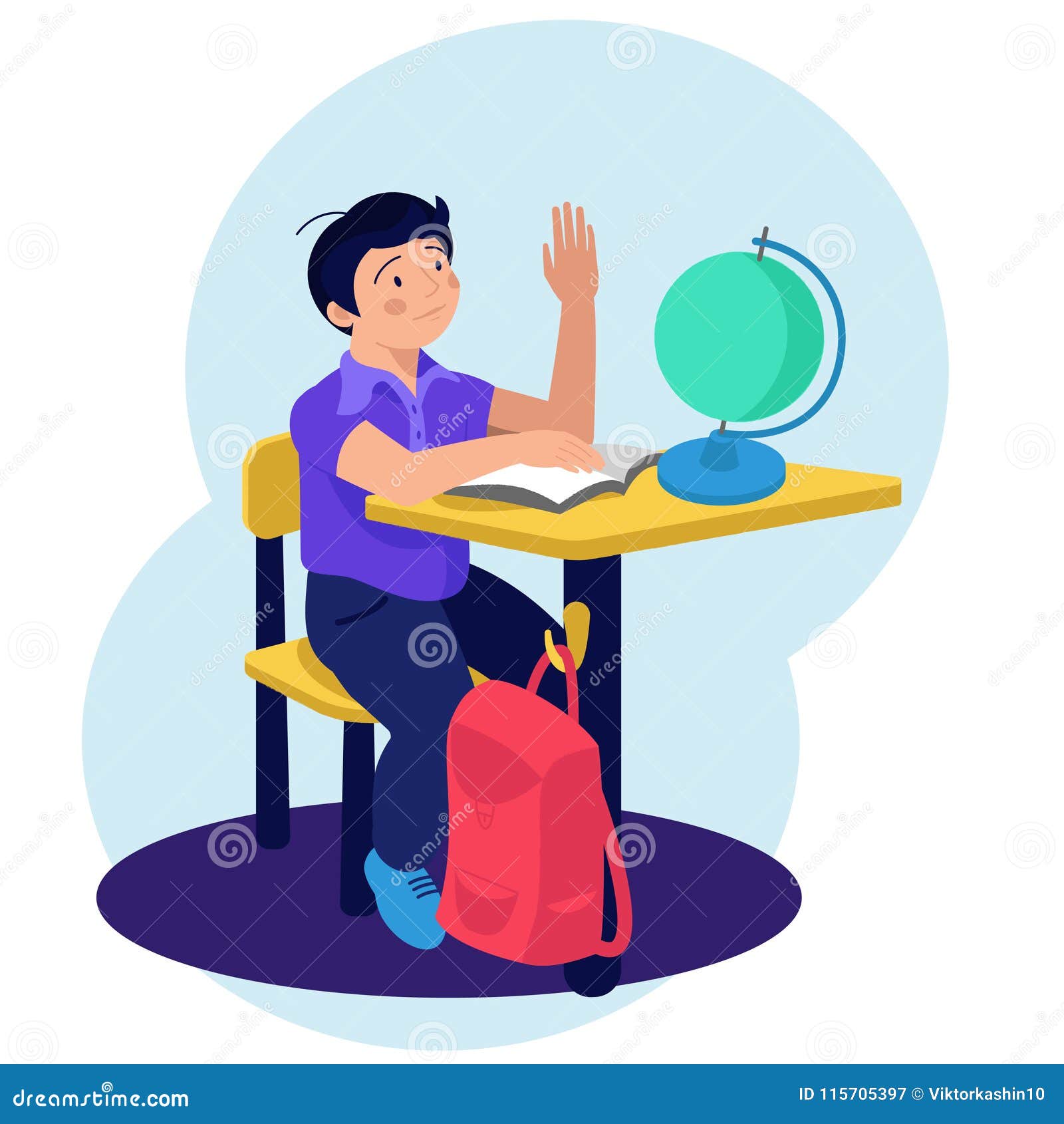 School Boy Pulls Hand. School Desk, Globe and Backpack. Vector ...