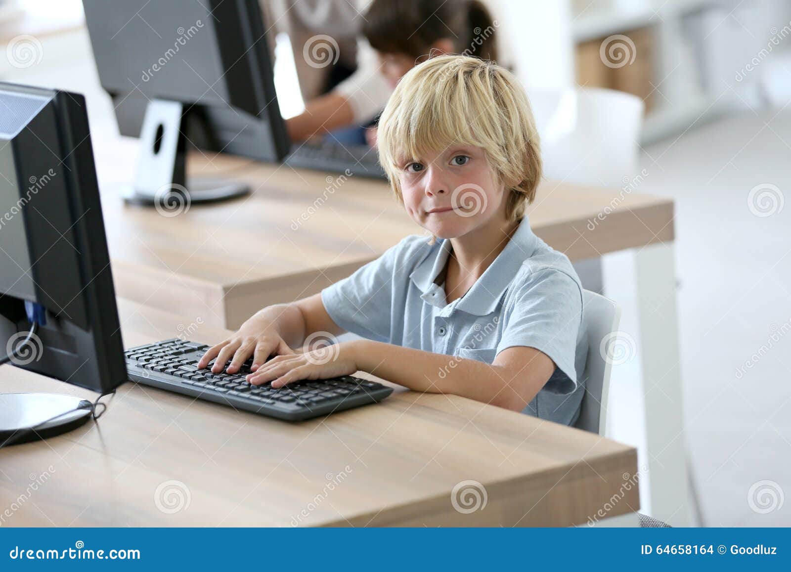 School Boy Pupil Learning How To Use Computer Stock Photo - Image of ...