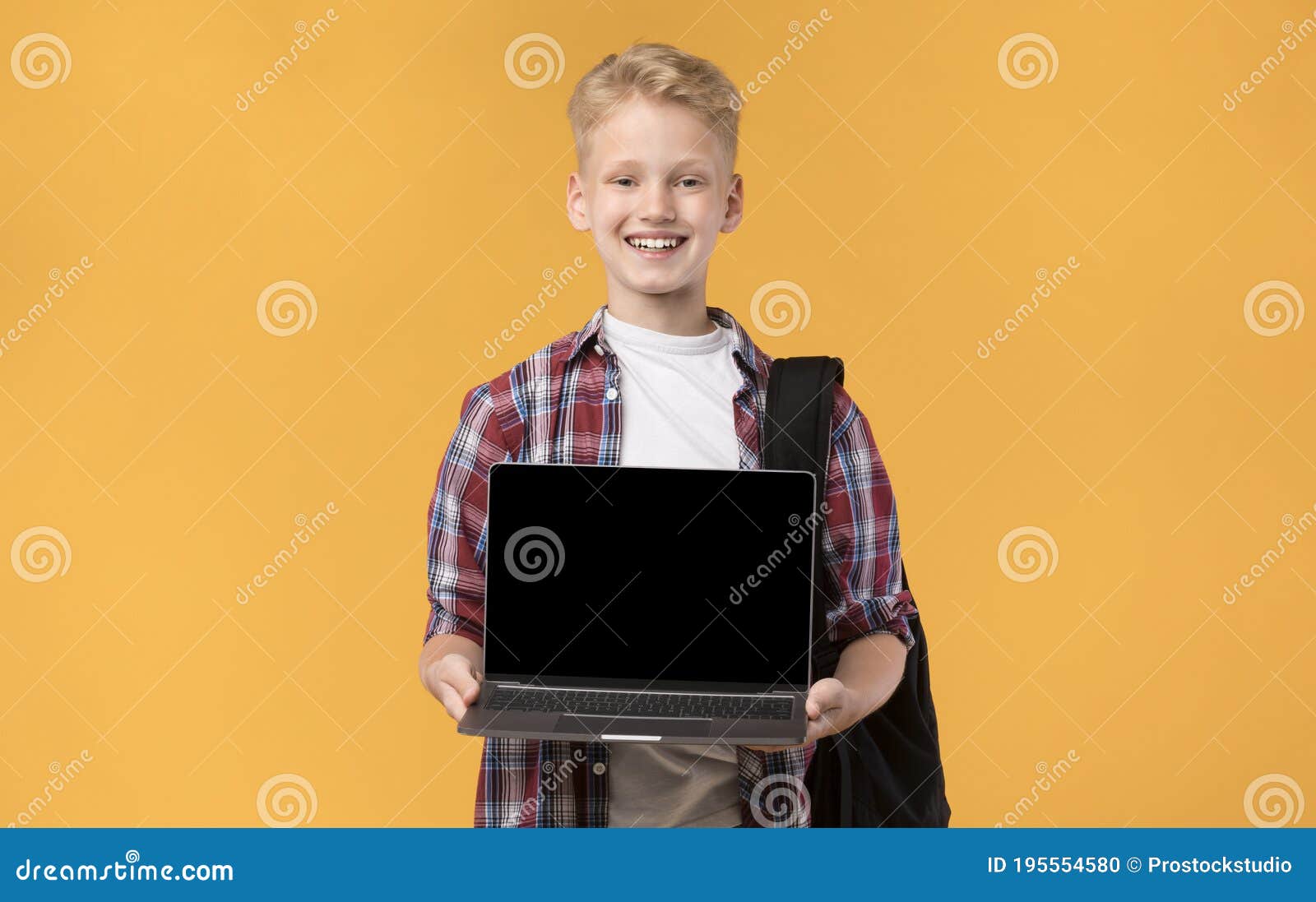 School Boy Showing Laptop Screen at Camera Stock Photo - Image of happy ...