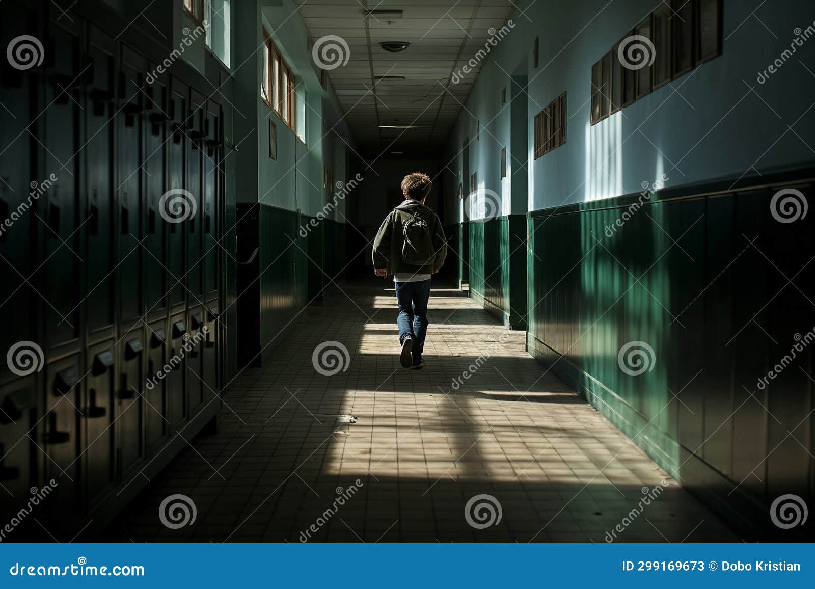 School Boy Stand Alone in Corridor Stock Illustration - Illustration of ...