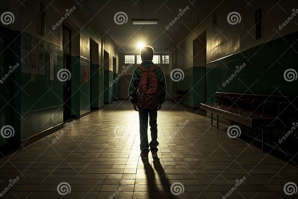 School Boy Stand Alone in Corridor Stock Illustration - Illustration of ...