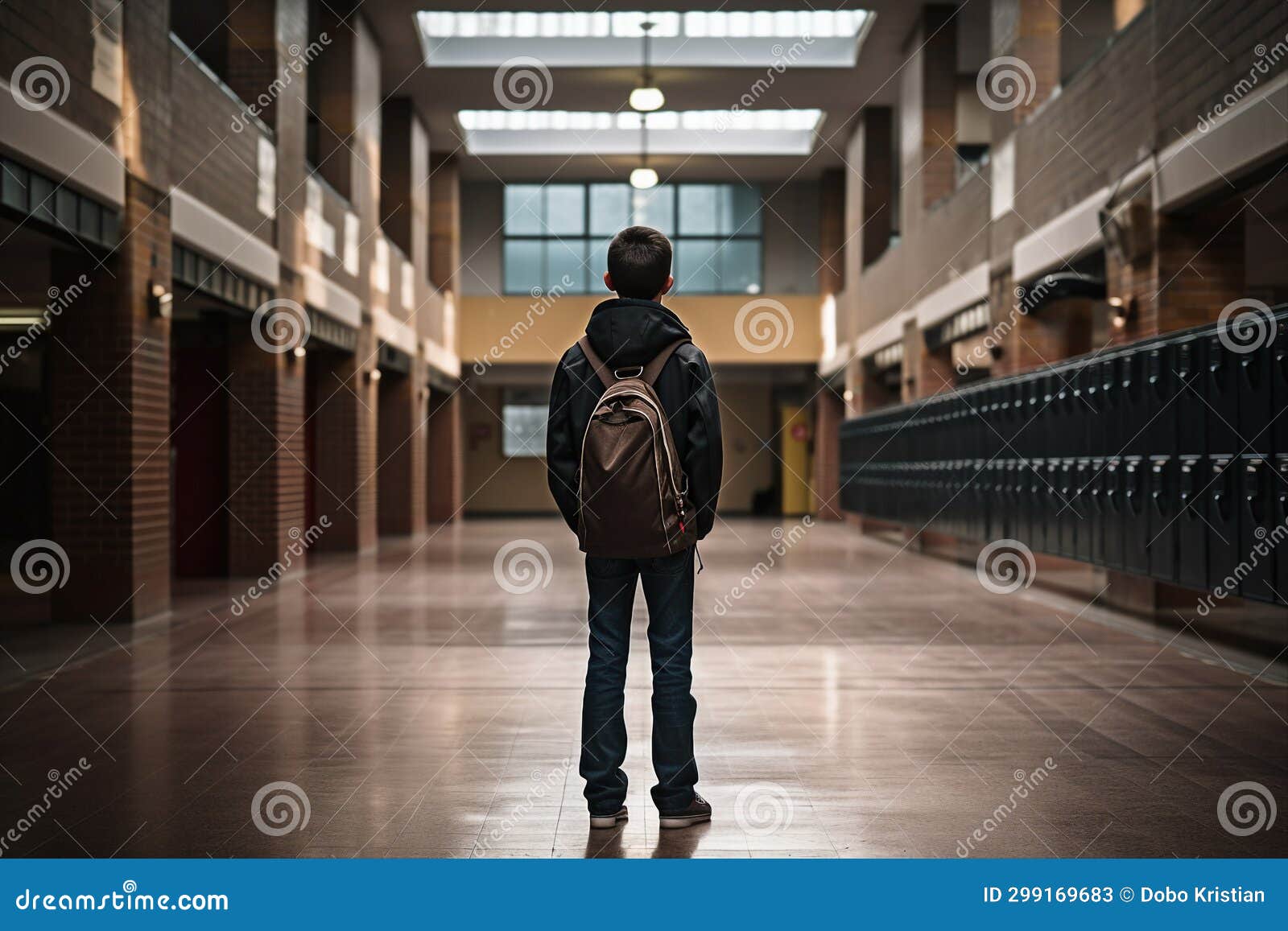 School Boy Stand Alone in Corridor Stock Illustration - Illustration of ...