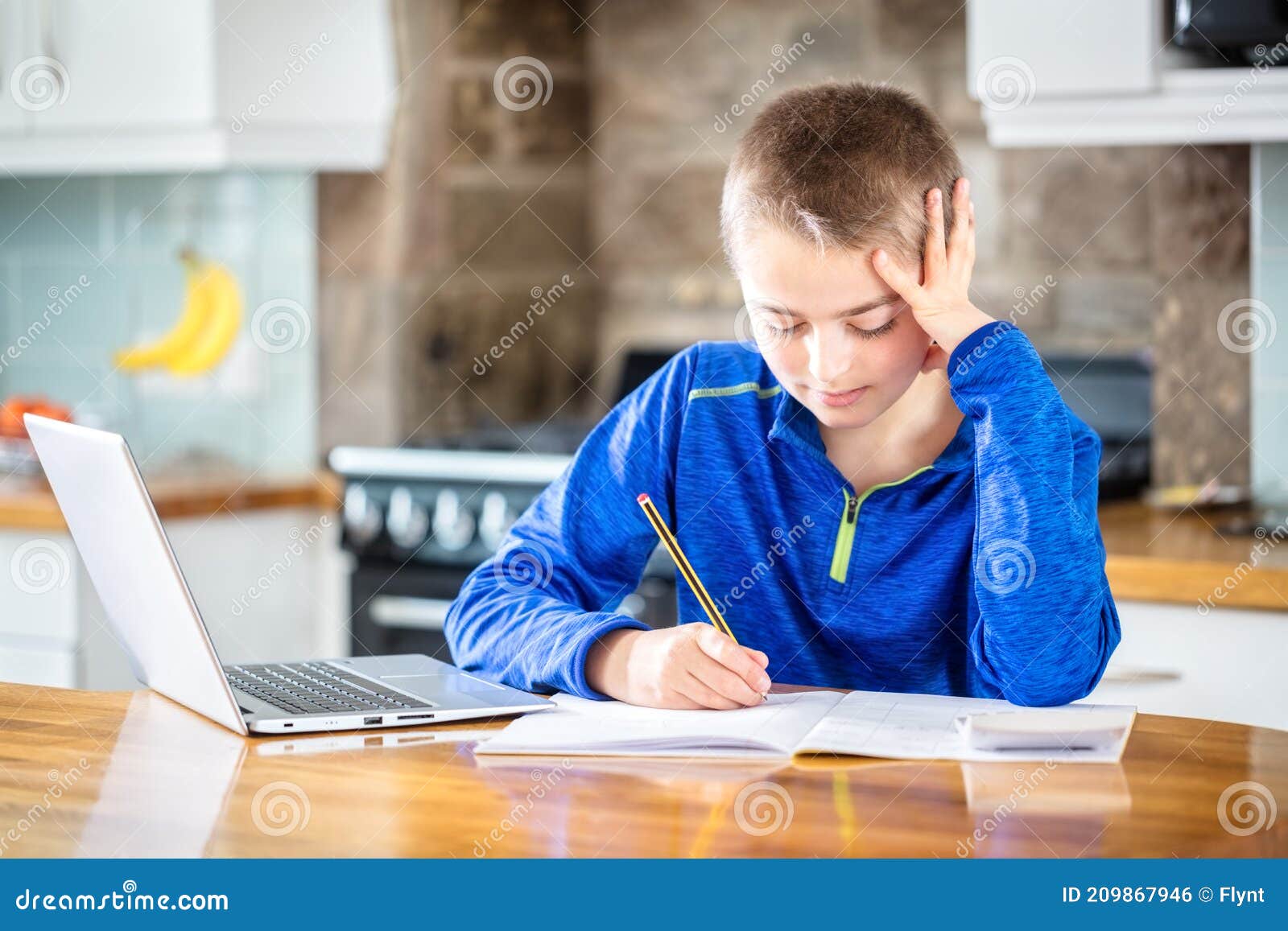 School Boy Studying at Home Doing Distance Learning and Online ...