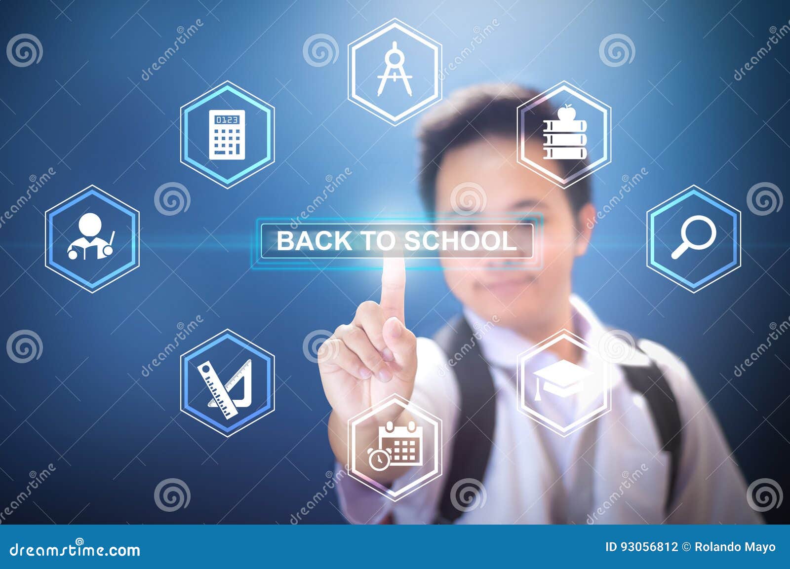 School Boy Touching Back To School Button Using Virtual Screen Hologram ...
