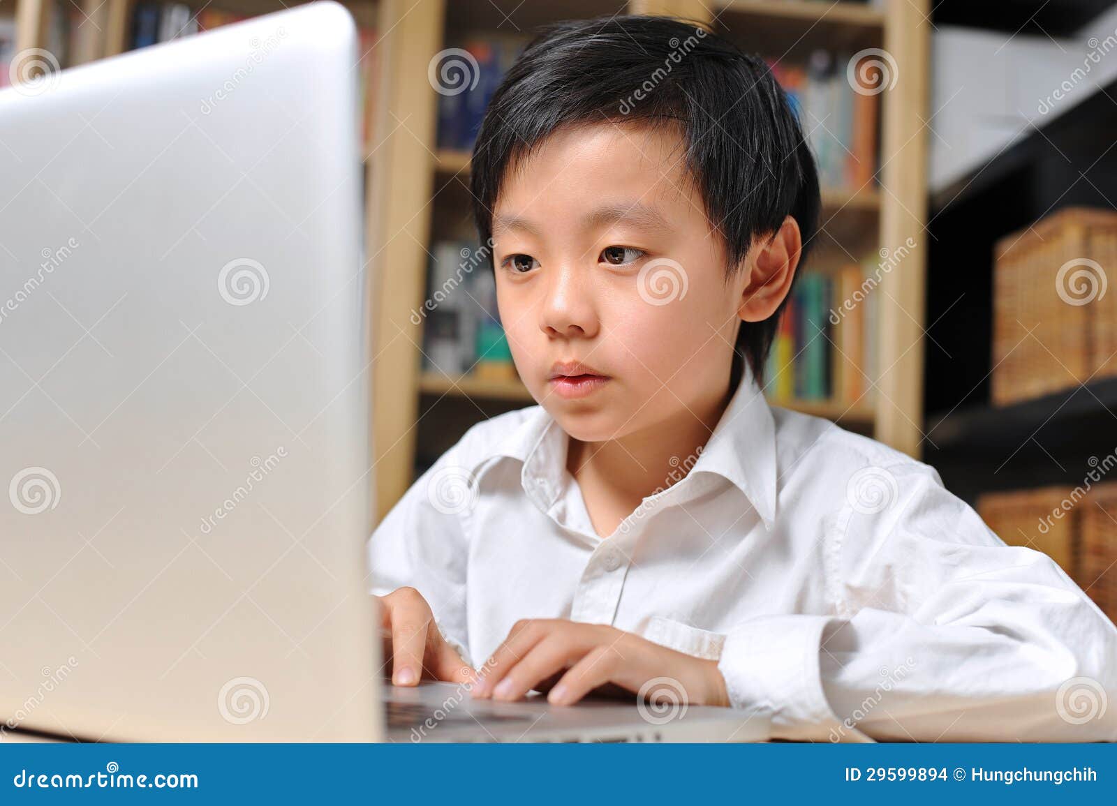 School Boy in White Shirt in Front of Laptop Computer Stock Photo ...