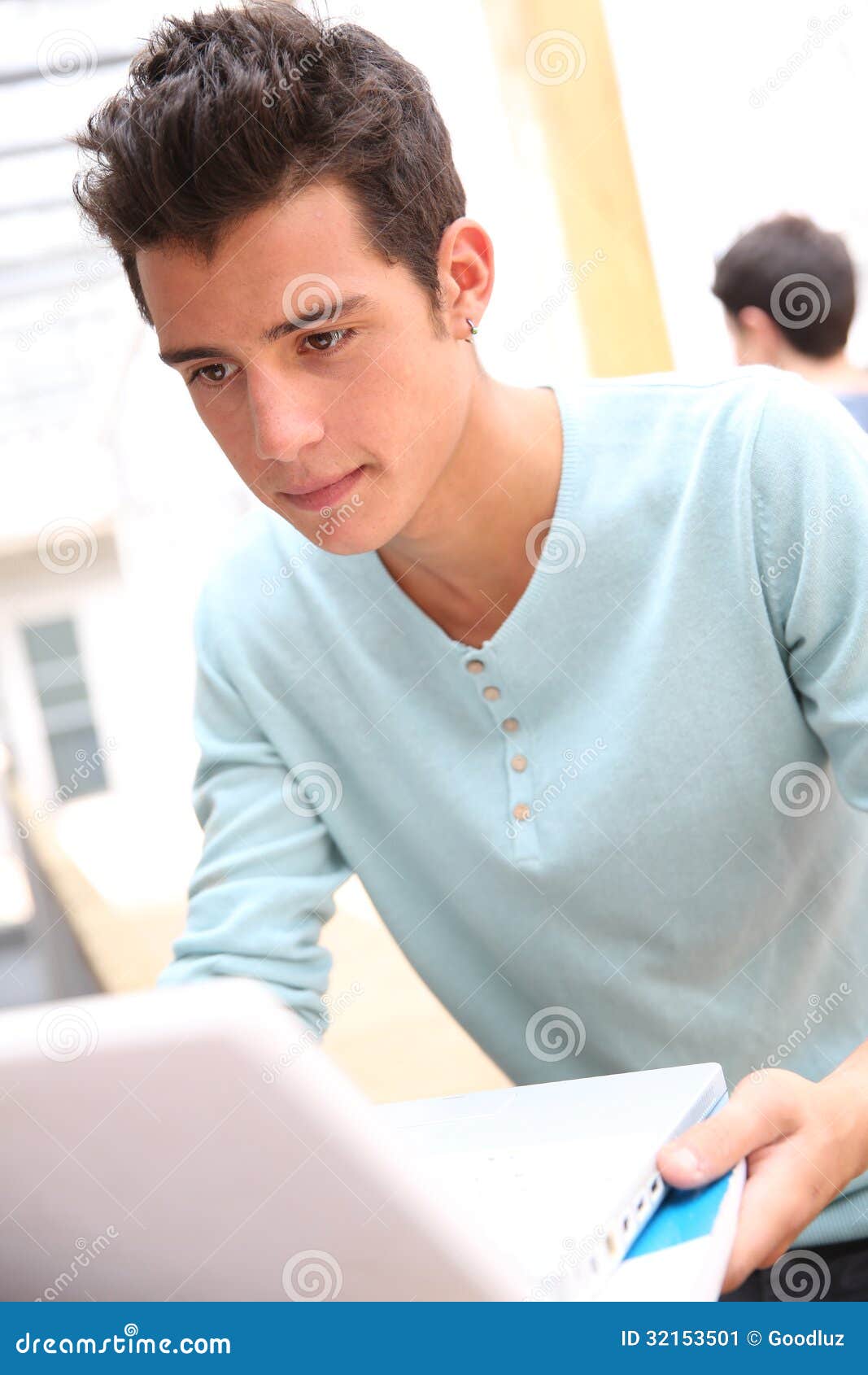 School Boy Working on Laptop Stock Image - Image of standing, smiling ...