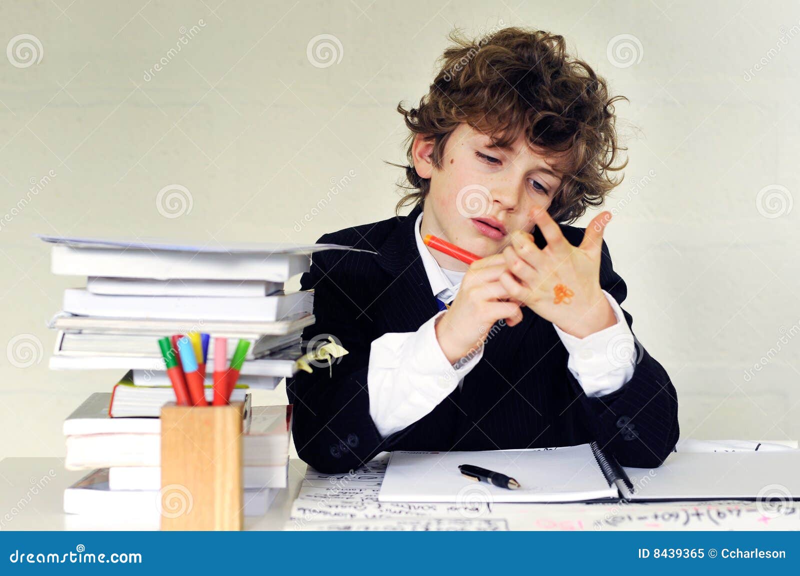 School Boy Writing on His Hand Stock Image - Image of homework, books ...