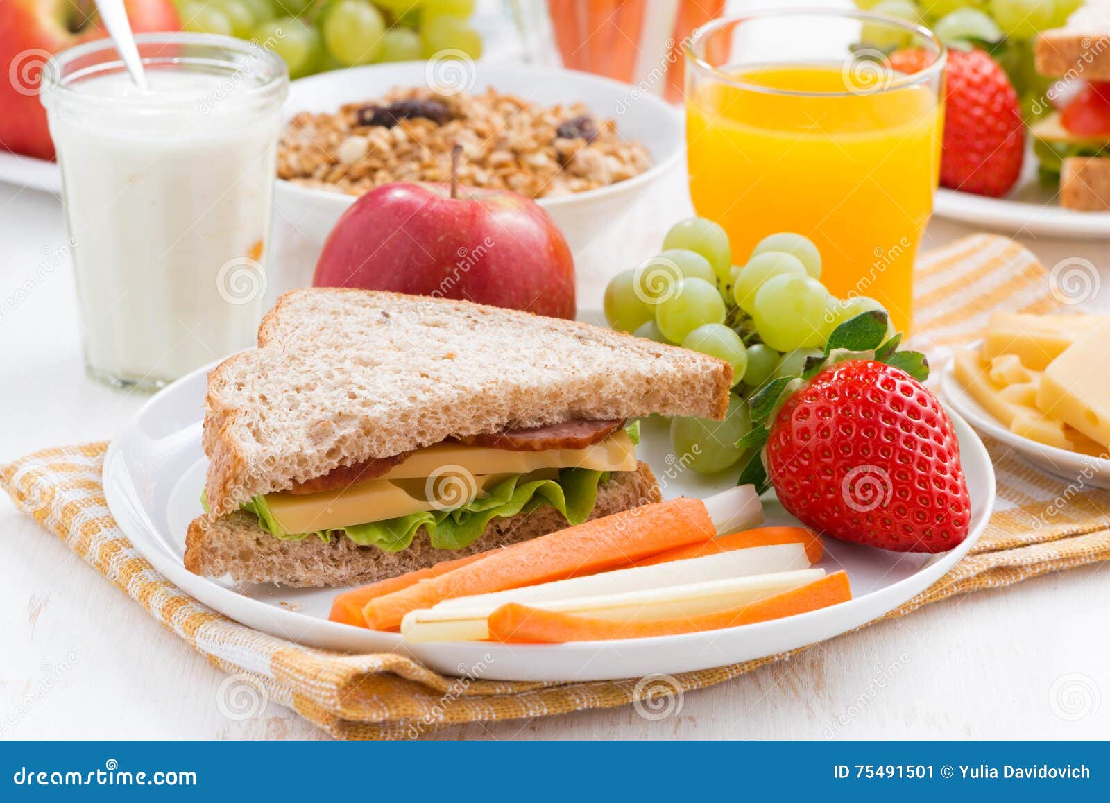 School Breakfast with Fruits and Vegetables on Plate Stock Image ...