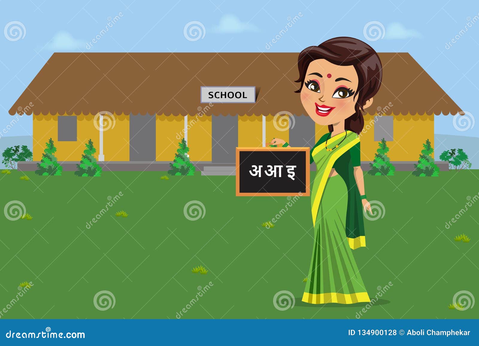 An Indian Teacher Standing in Front of a Rural Indian School - Vector ...
