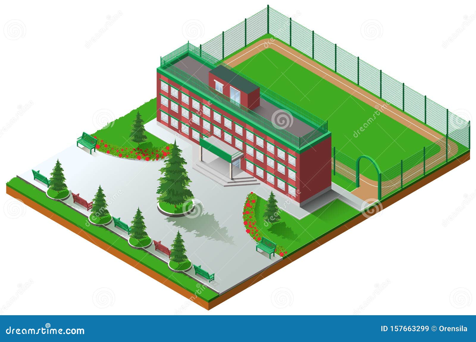 School Building Architecture and School Stadium 3d Isometric Stock ...