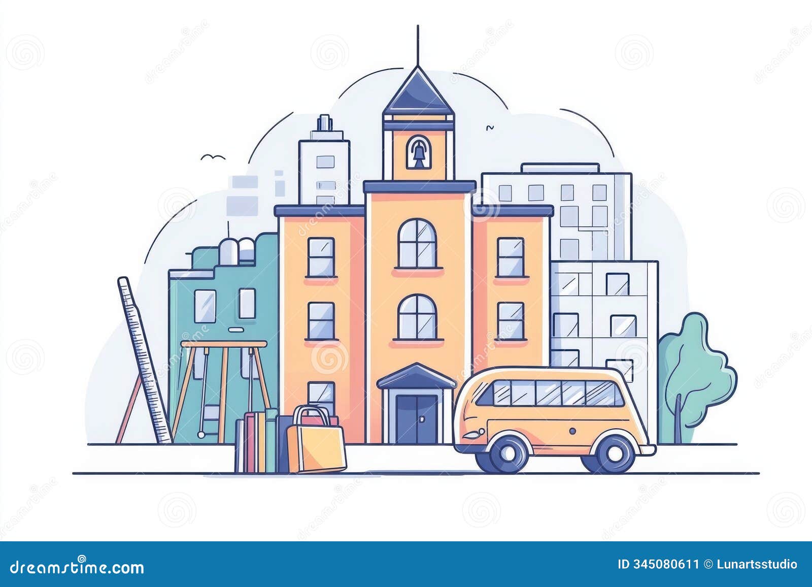 A School Building with a Bell Tower, Surrounded by a School Bus, a ...