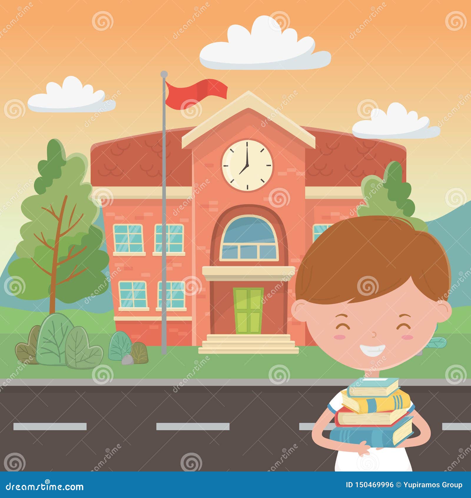 School Building and Boy Cartoon Design Stock Vector - Illustration of ...