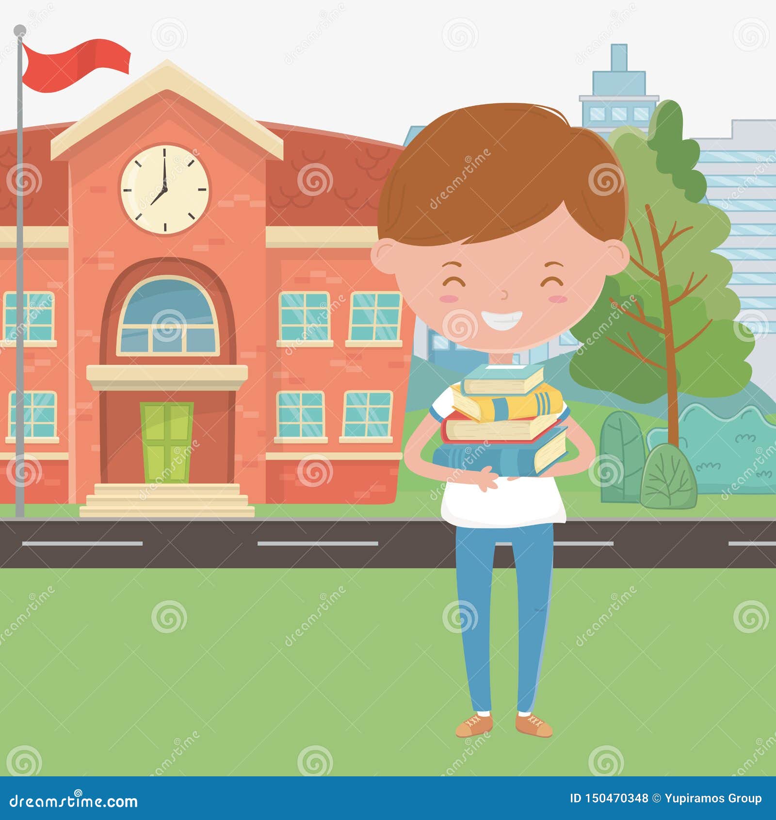 School Building and Boy Cartoon Design Stock Vector - Illustration of ...