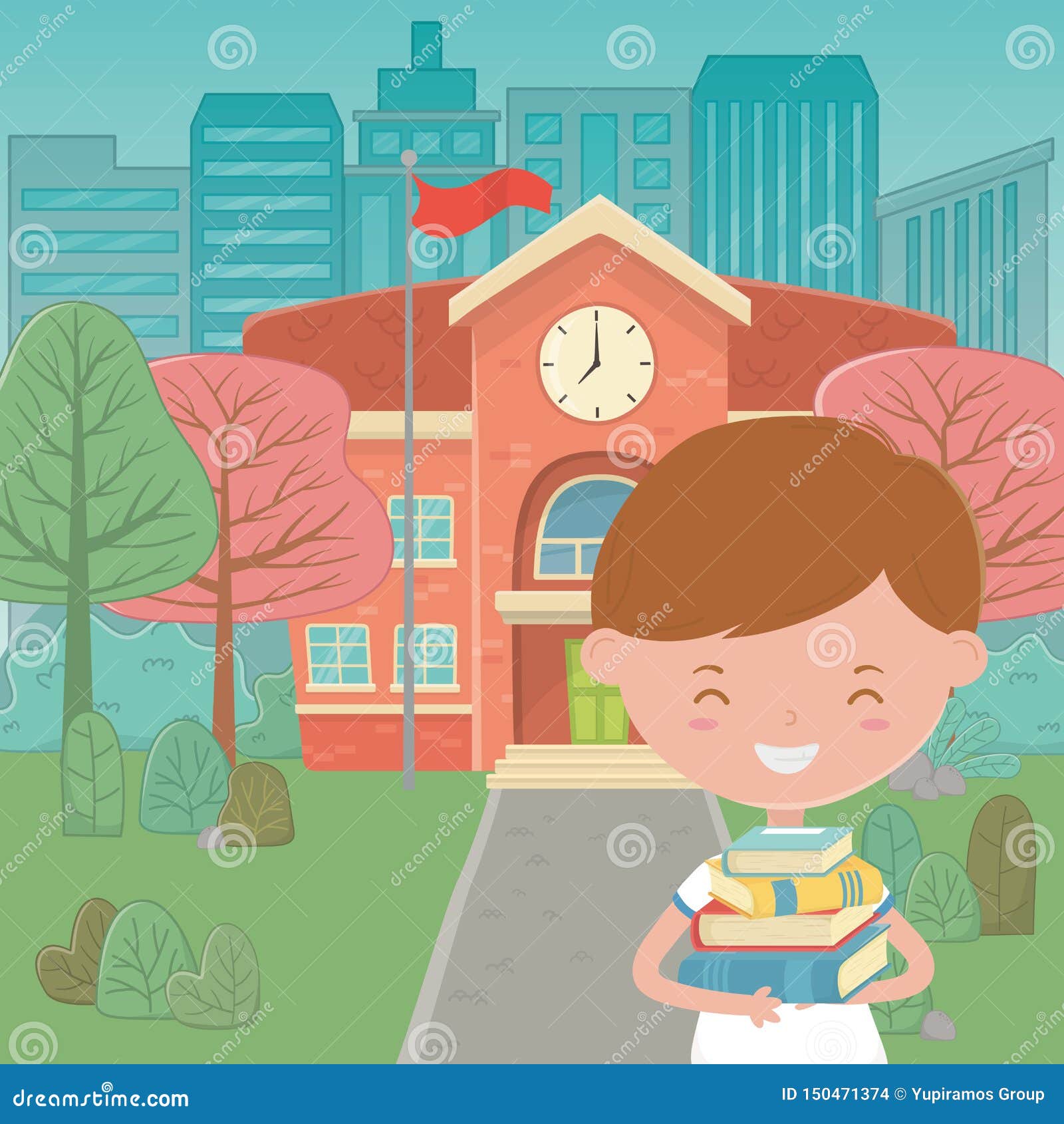 School Building and Boy Cartoon Design Stock Vector - Illustration of ...