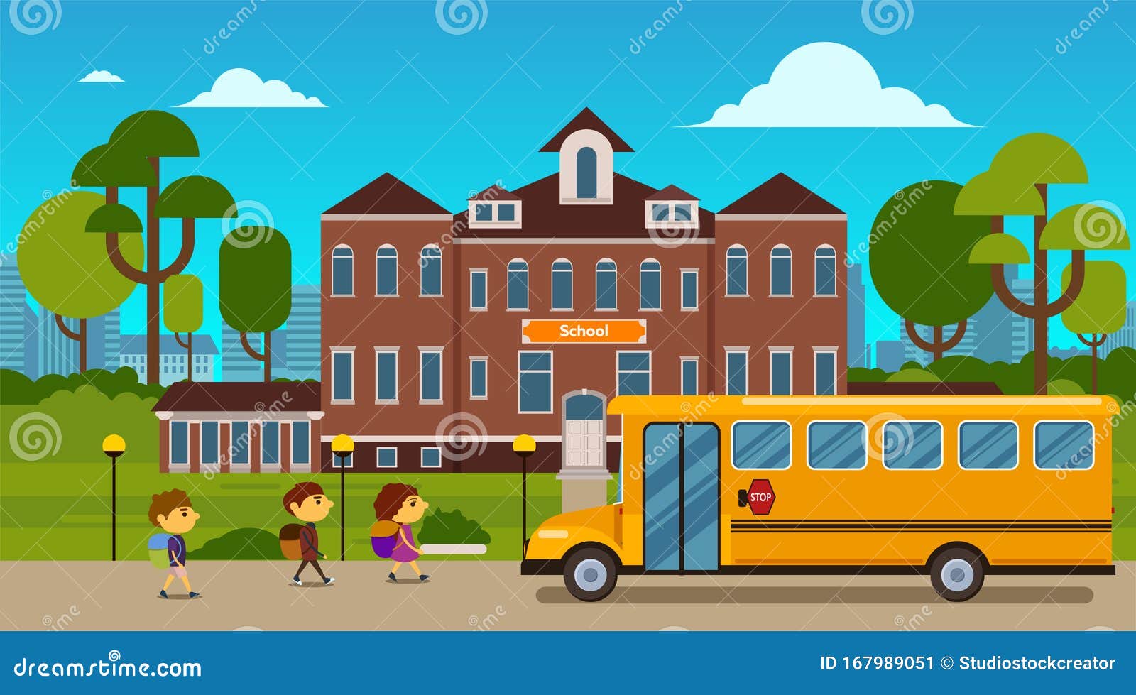 School Building, Bus and School Front Yard with Children Going To ...