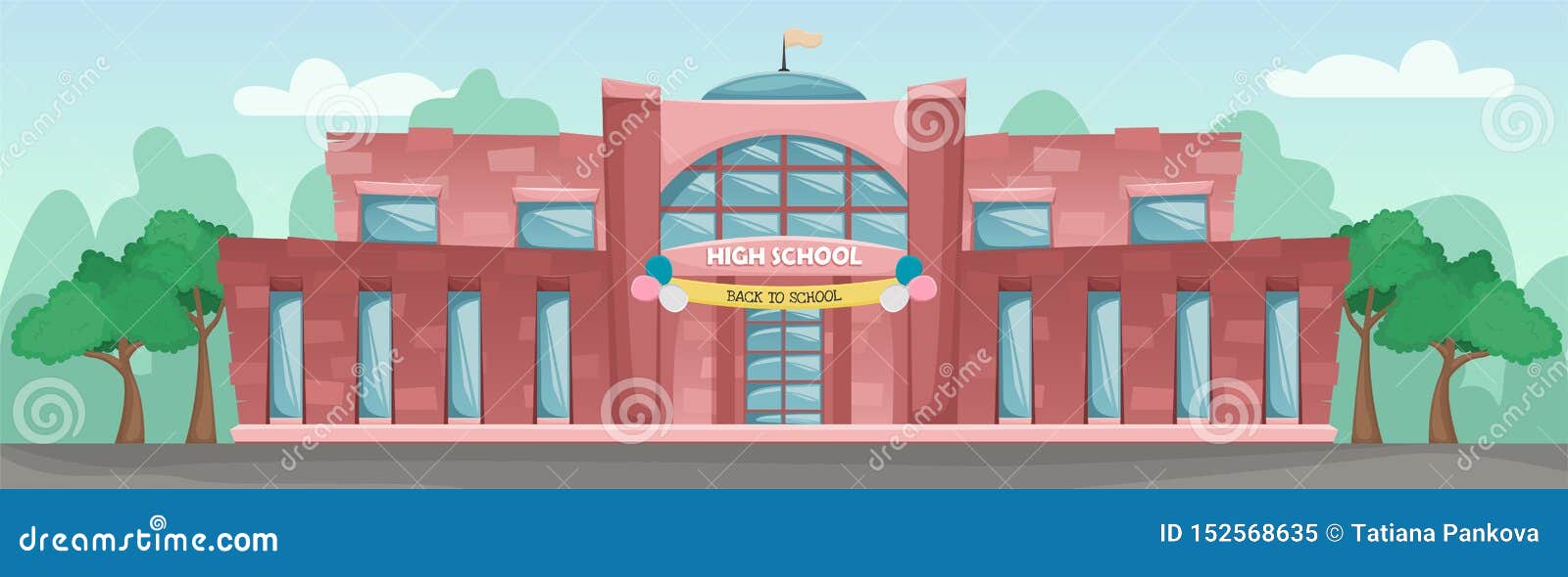 School Building in Cartoon Style. Flat Vector Horizontal Landscape ...