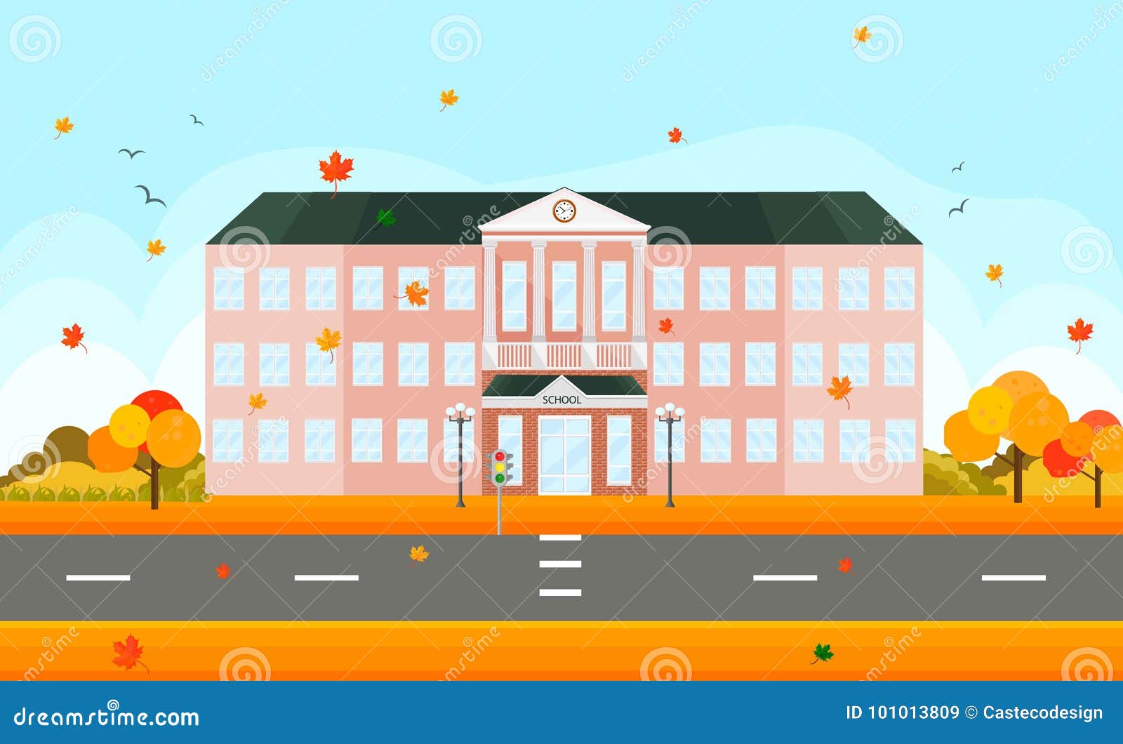 School Building Facade in Autumn Time. Vector Illustrations Stock ...