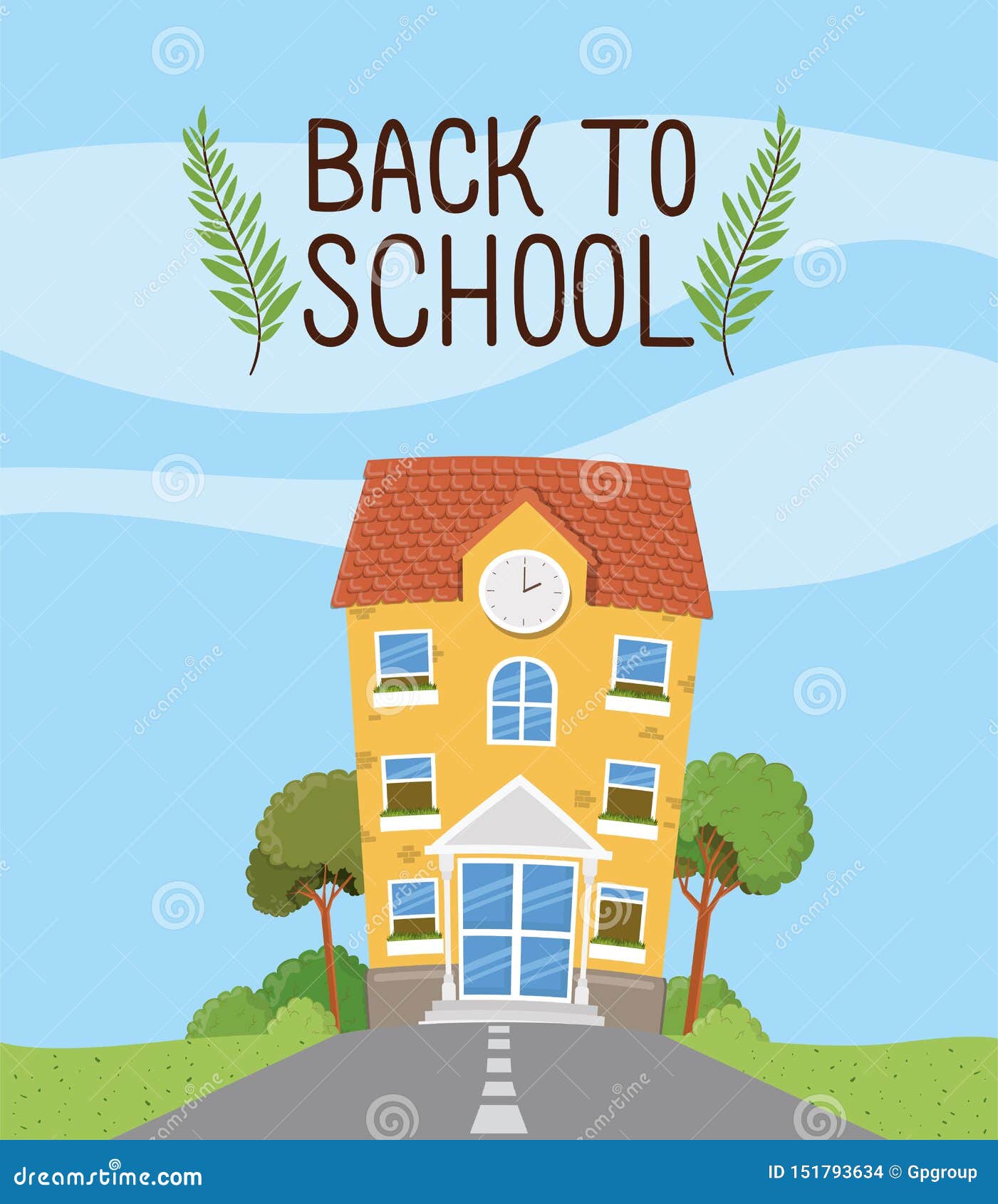 School Building in the Road Scene Stock Vector - Illustration of ...