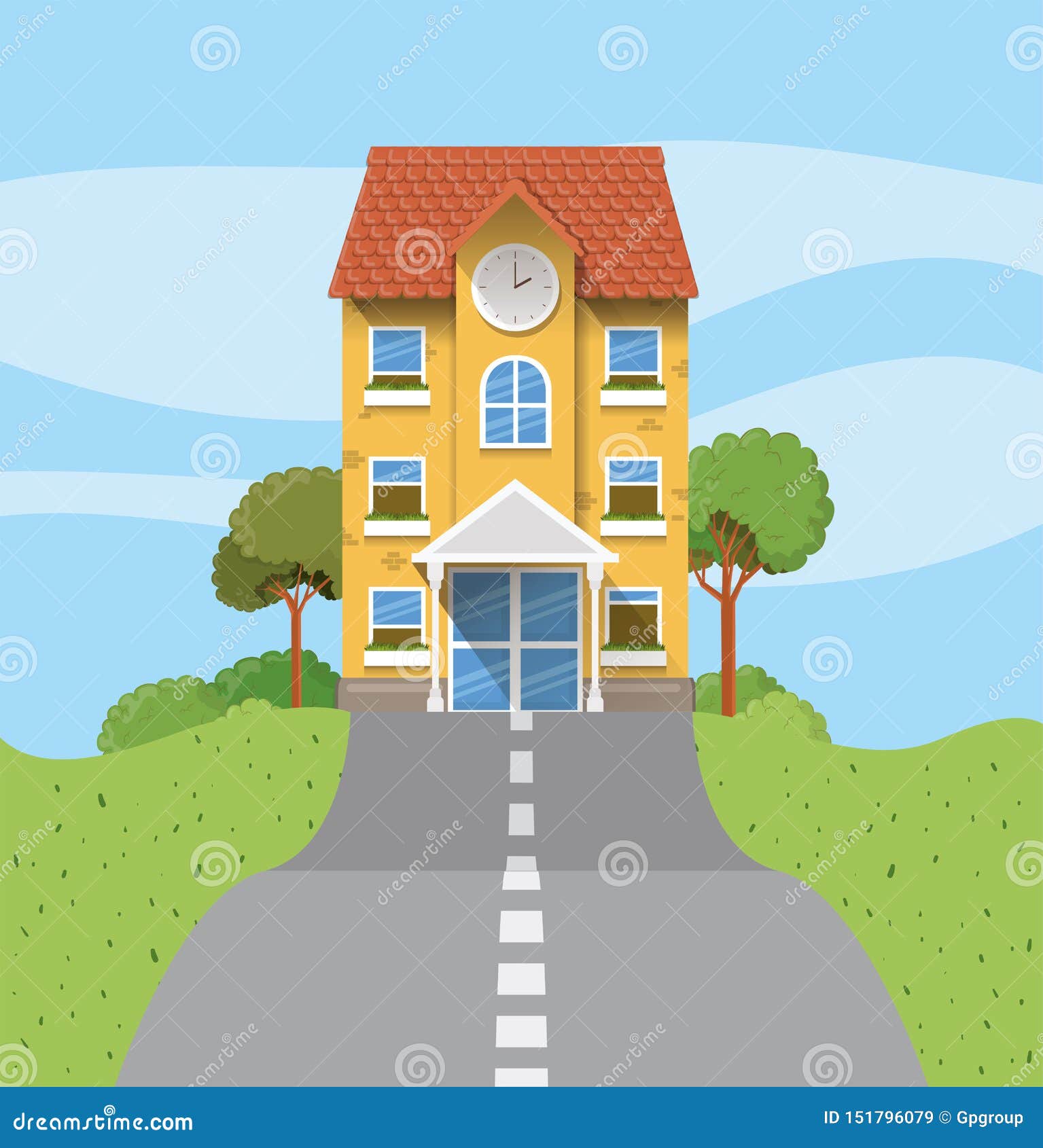 School Building in the Road Scene Stock Vector - Illustration of campus ...