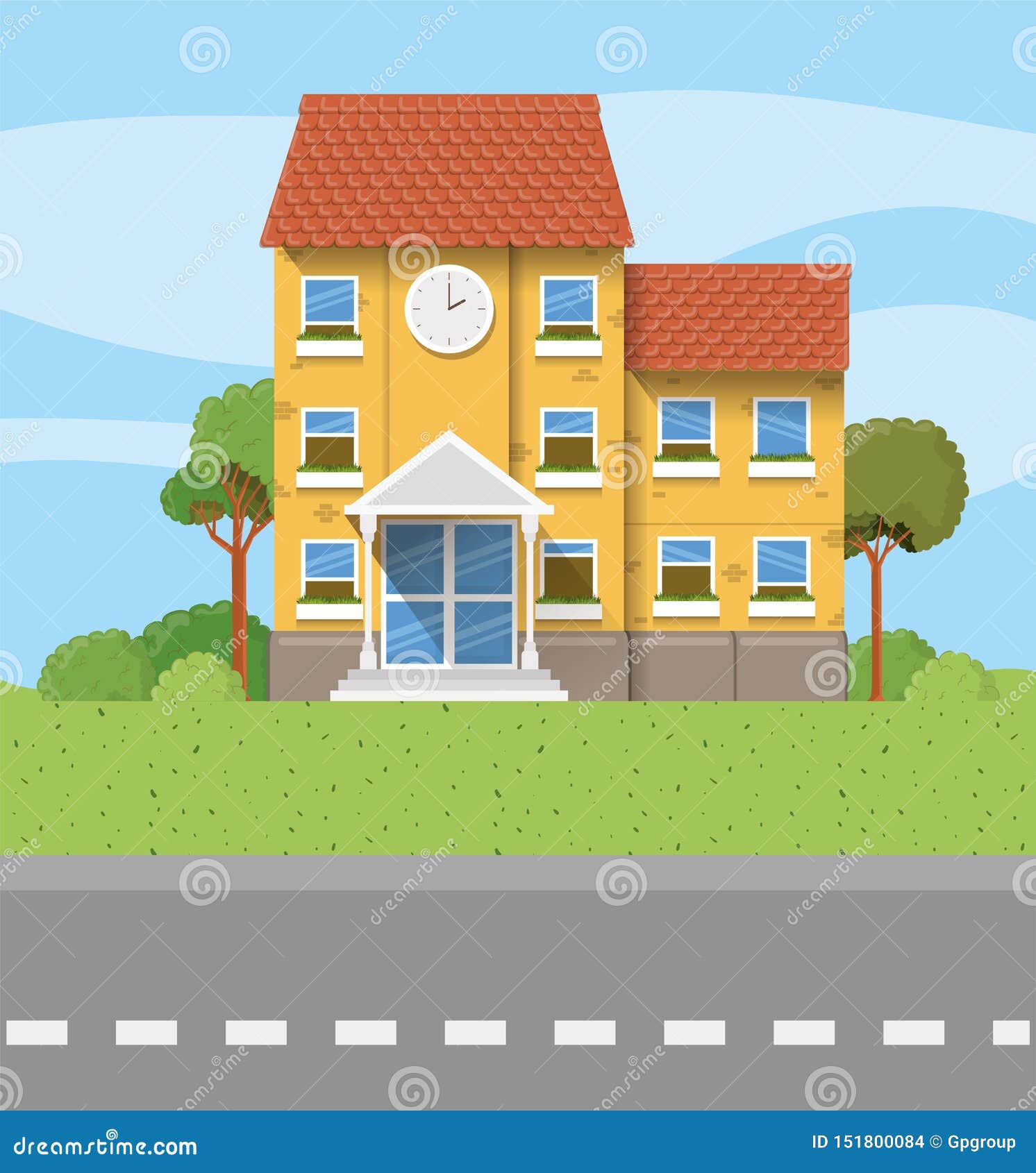 School Building in the Road Scene Stock Vector - Illustration of campus ...