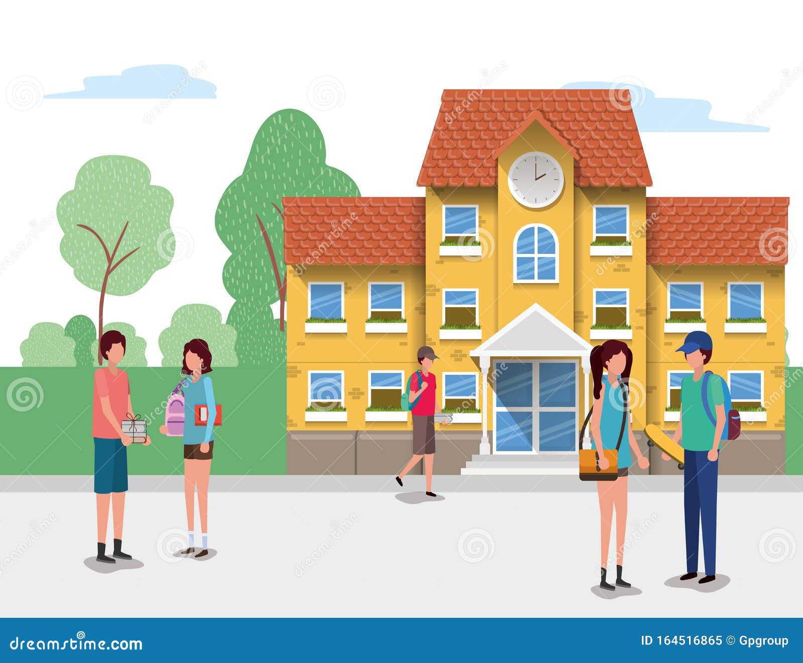 School Building and Students Vector Design Stock Vector - Illustration ...