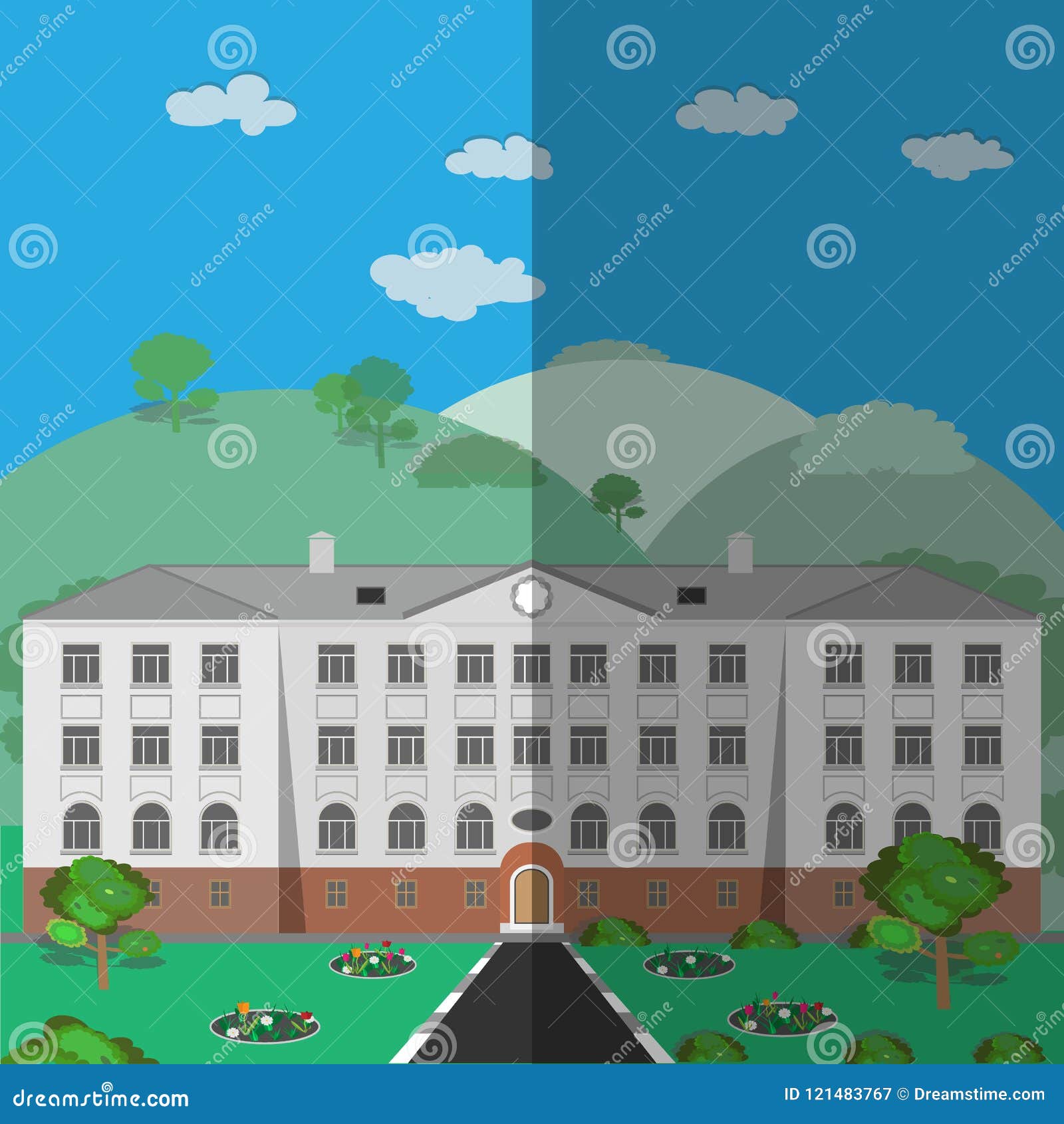 School Assembly Hall Interior. Decorated Stage Vector Illustration ...