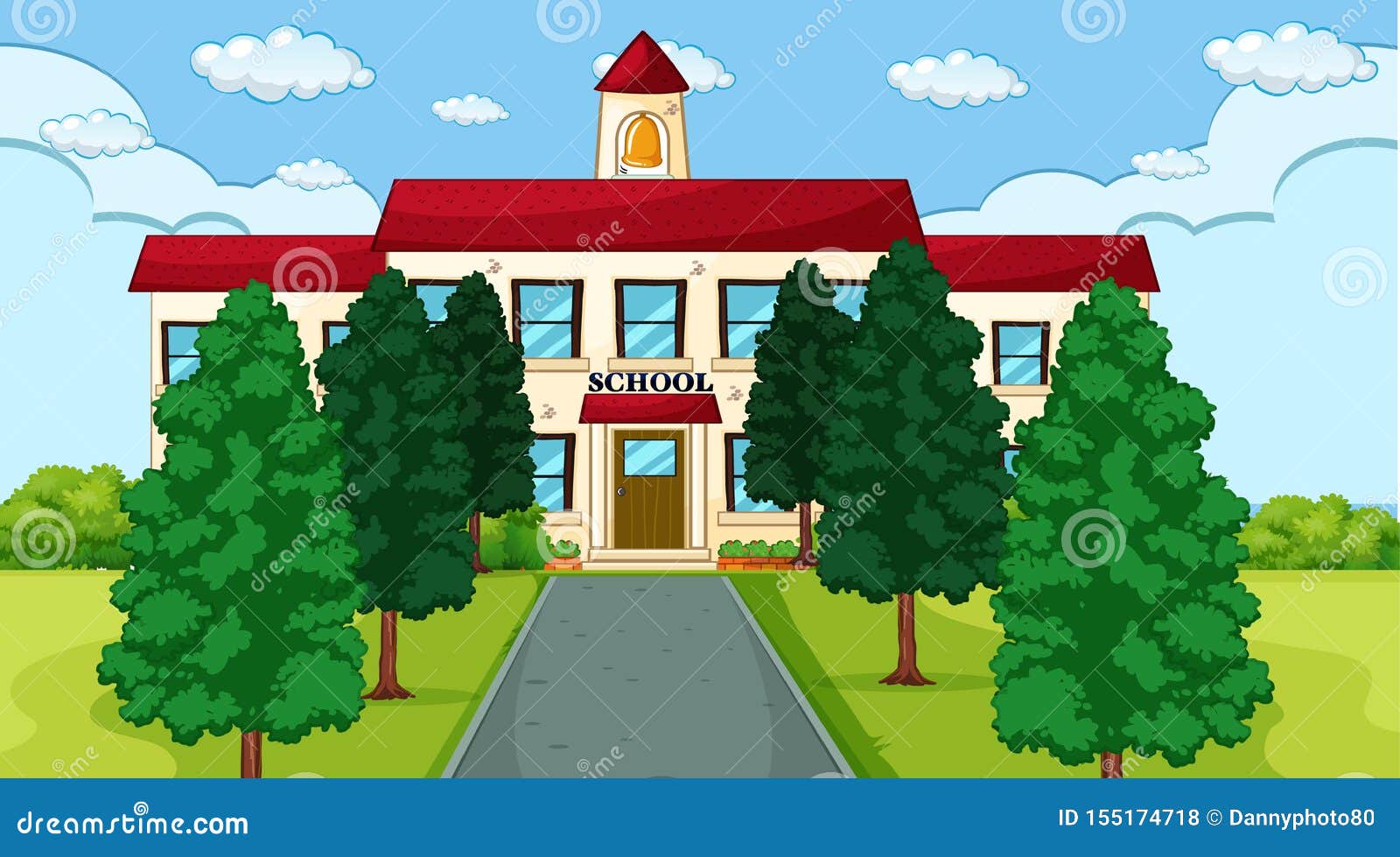 School Building with Trees and Path Stock Vector - Illustration of path ...