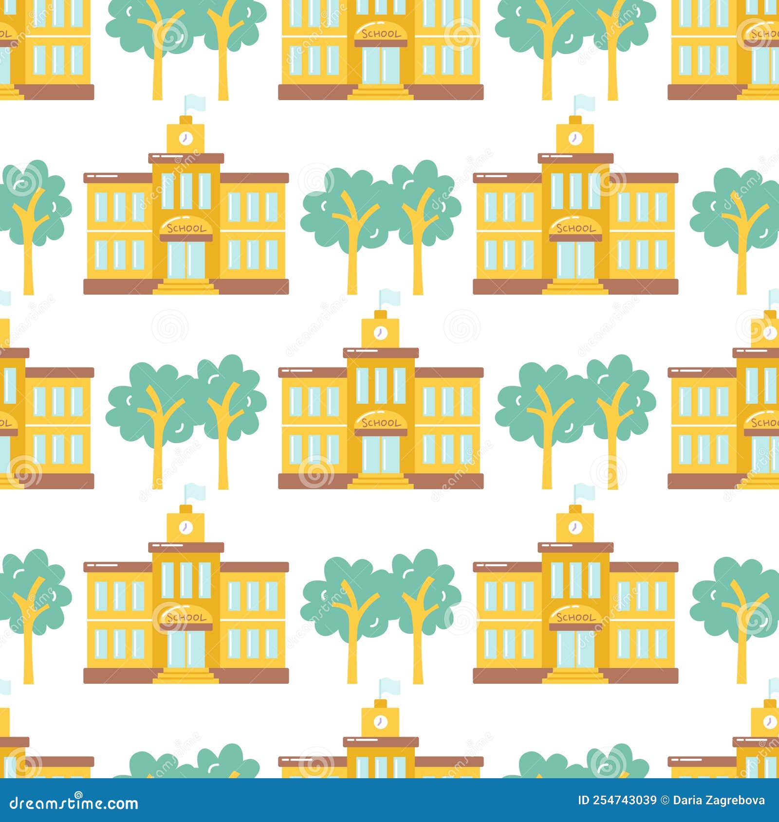 School Building with Trees on White Background, Vector Seamless Pattern ...