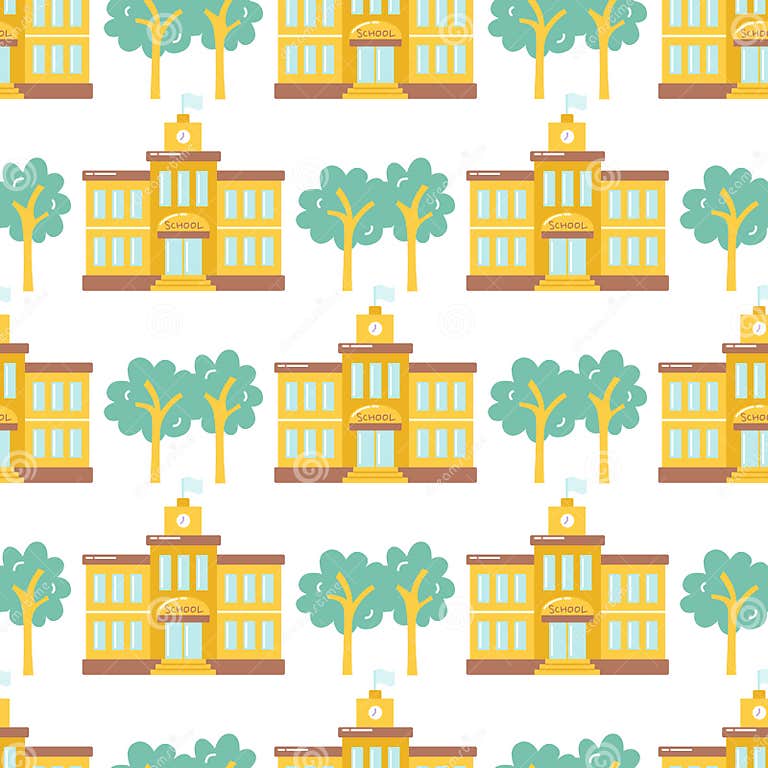 School Building with Trees on White Background, Vector Seamless Pattern ...