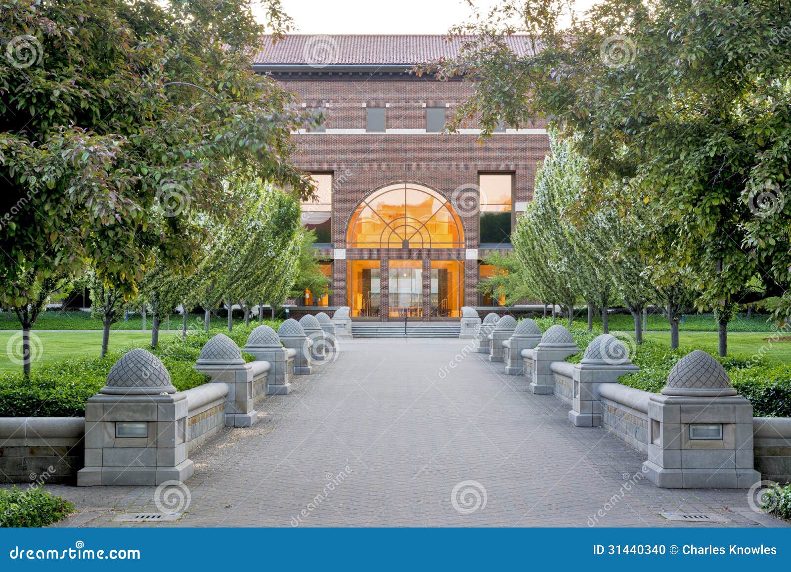 School Building and Walkway with Trees Stock Photo - Image of grass ...