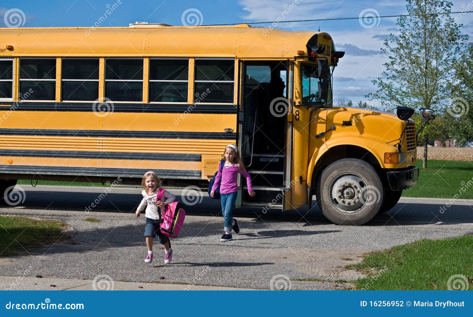 Little Girls with School Bus Stock Photo - Image of transportation ...