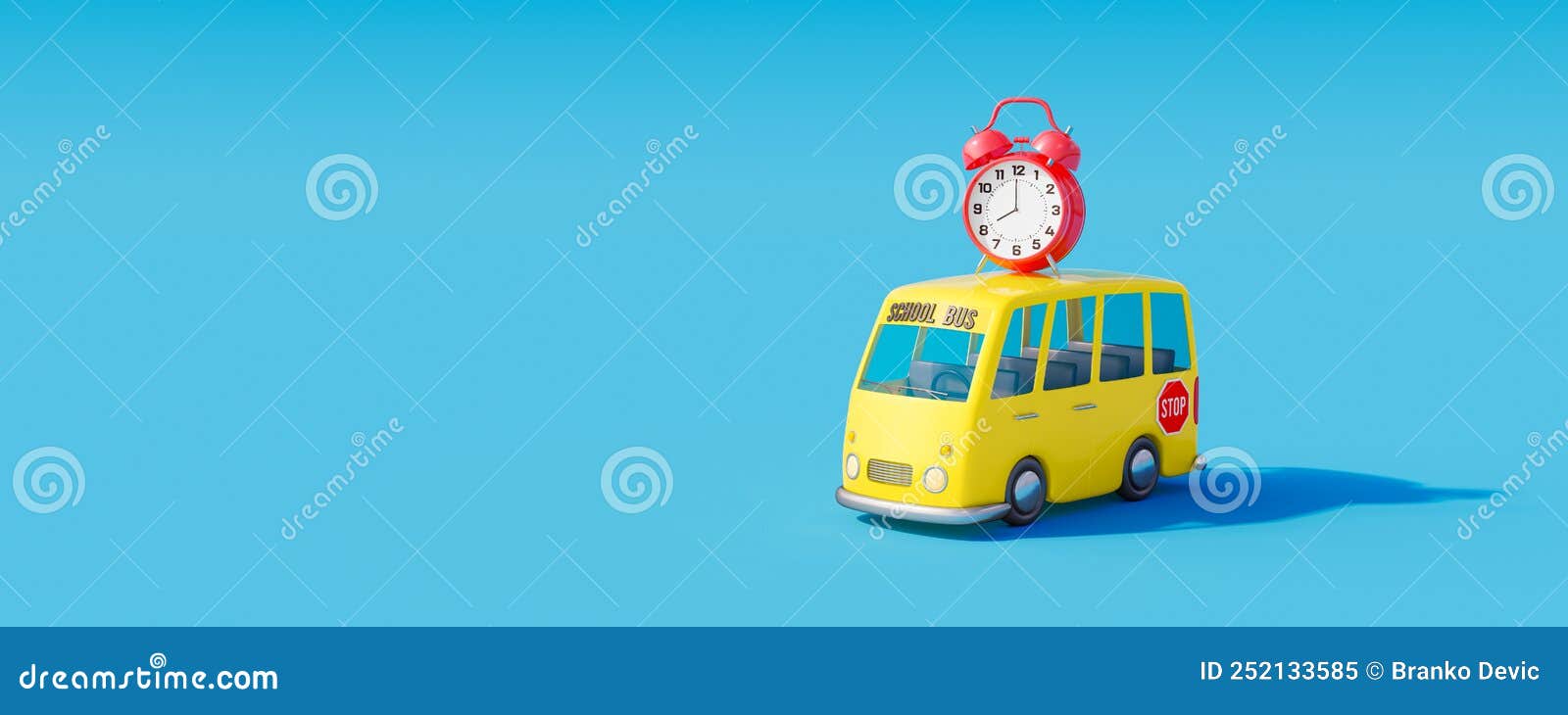 School Bus with Alarm Clock on Blue Background. Back To School Concept ...