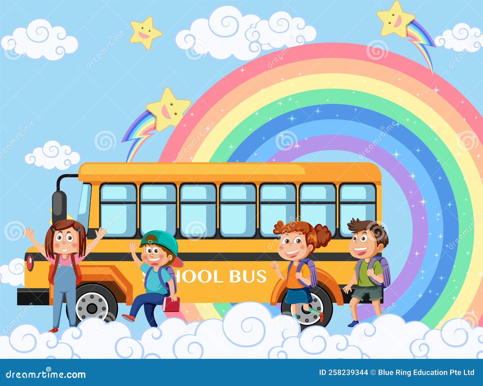 School Bus Children with Rainbow Stock Vector - Illustration of ...