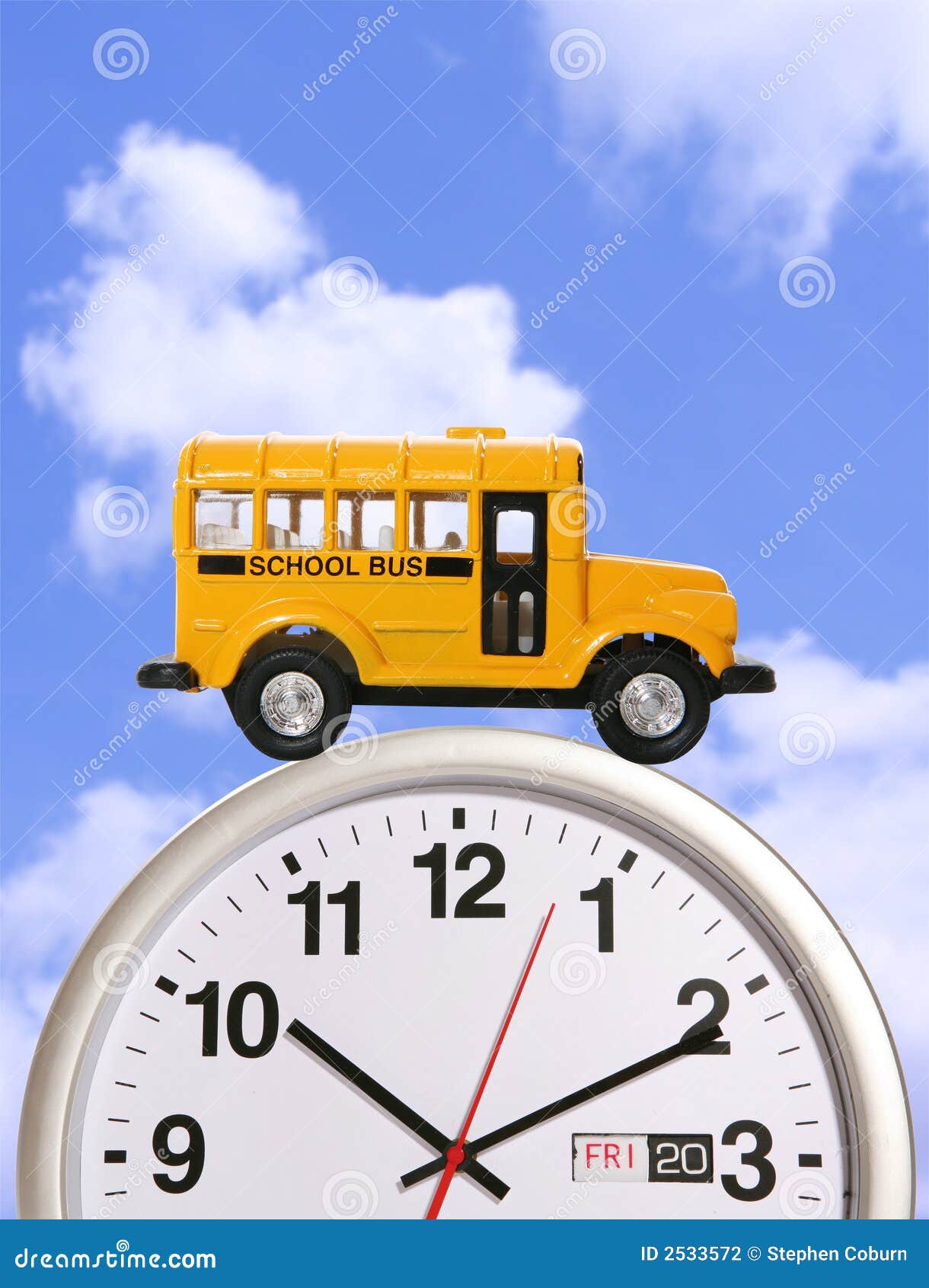 School Bus on Clock stock photo. Image of miniature, clouds - 2533572