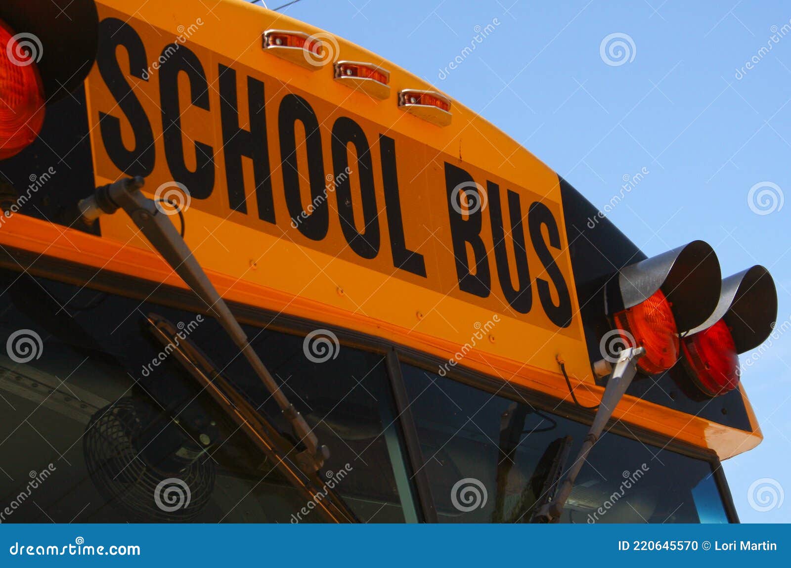 School Bus - Close-up of Sign with Blue Sky Background Stock Photo ...