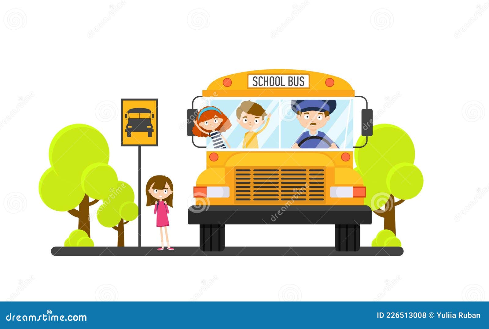 School Bus with Driver and Kids. Back To School Vector Illustration ...
