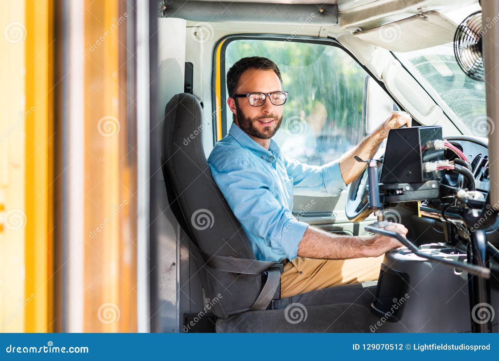School Bus Driver Sitting Inside Bus Stock Photo - Image of drive ...
