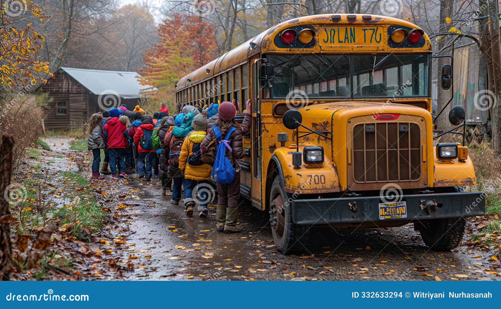 School Bus in Forest stock illustration. Illustration of school - 332633294