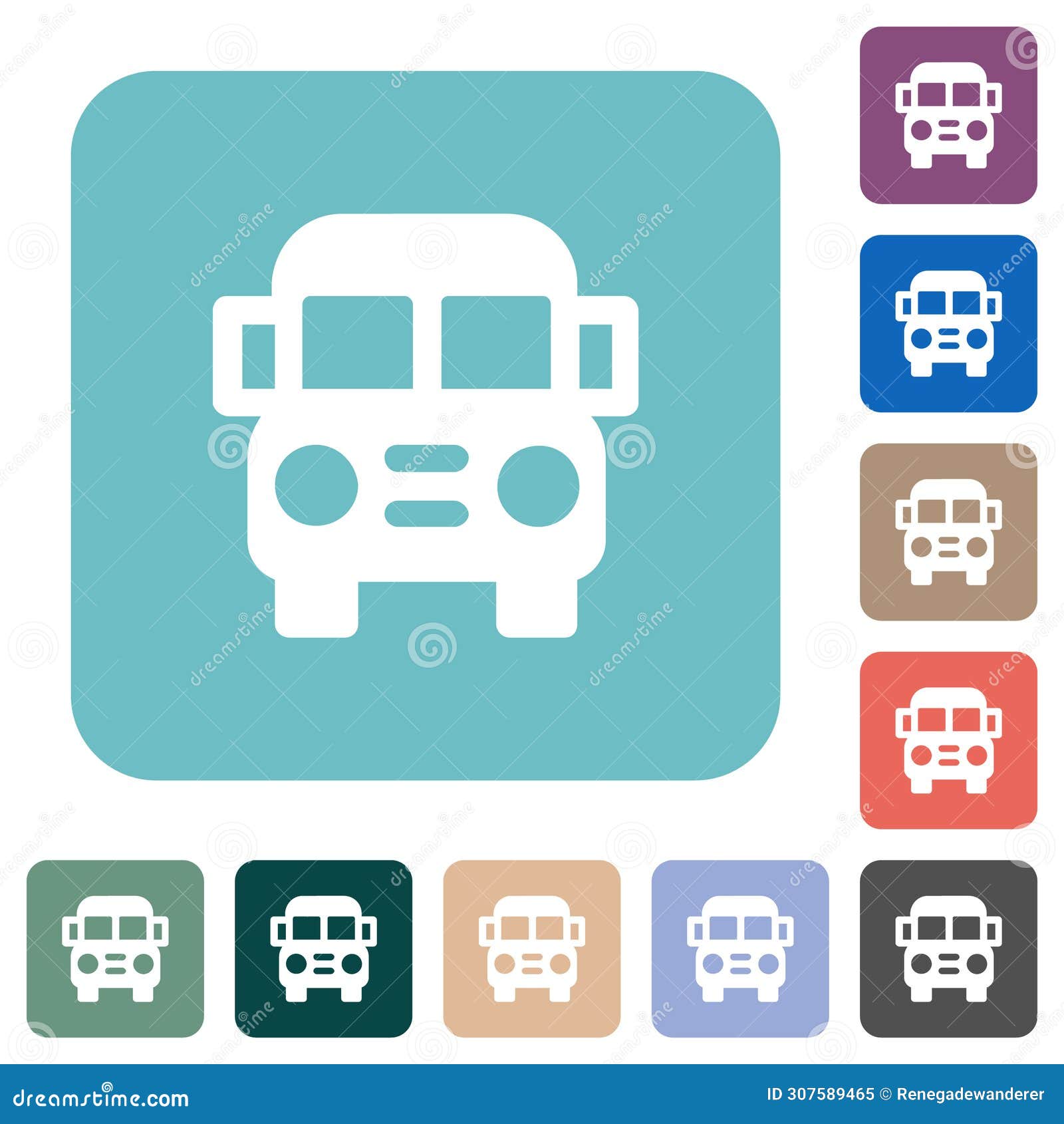 School Bus Front View Solid Rounded Square Flat Icons Stock Vector ...