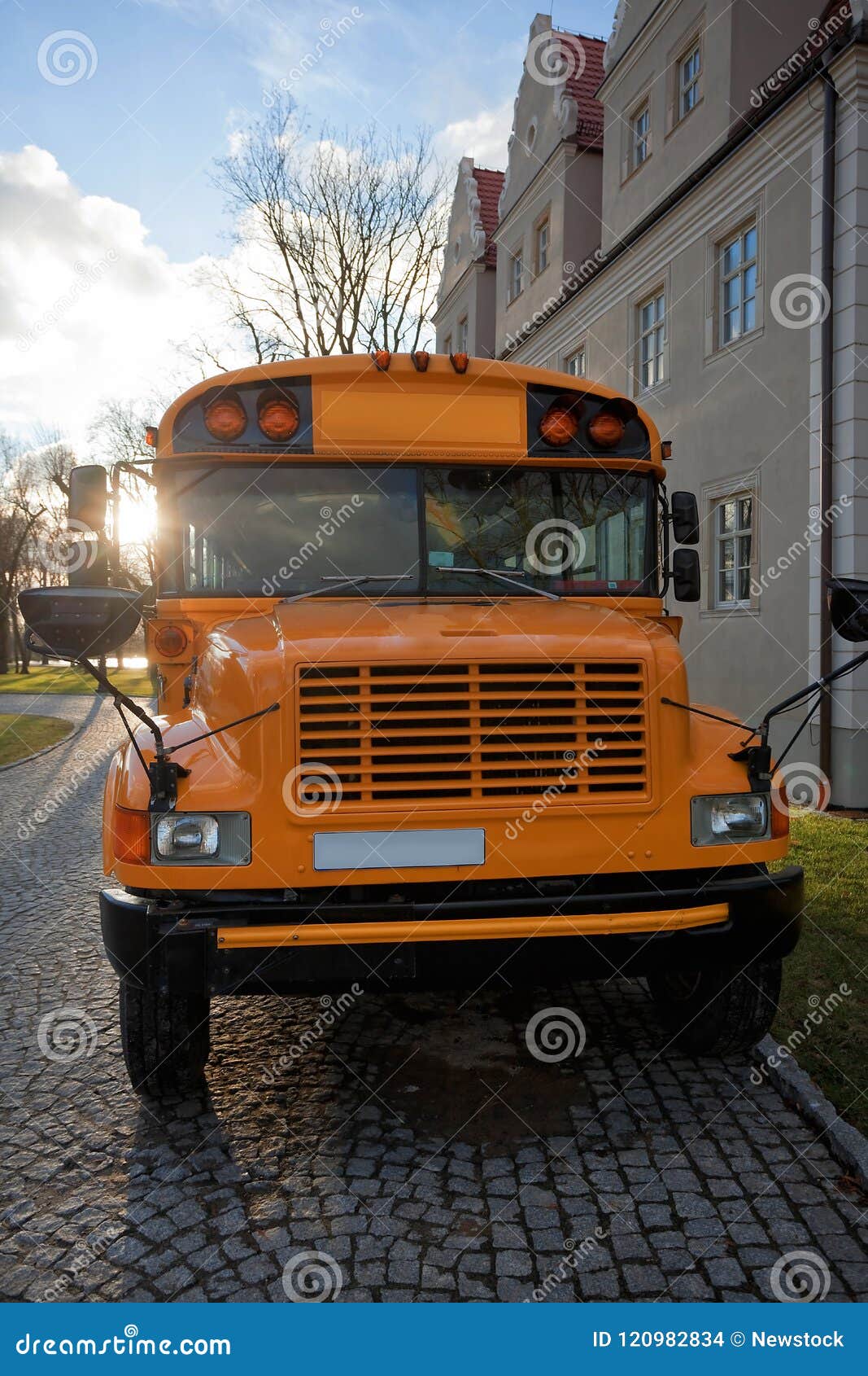 School Bus, Front View of Yellow Bus, USA Stock Photo - Image of lights ...