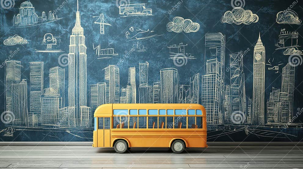 School Bus and Landmark Drawn on Chalkboard with Ample Room for ...