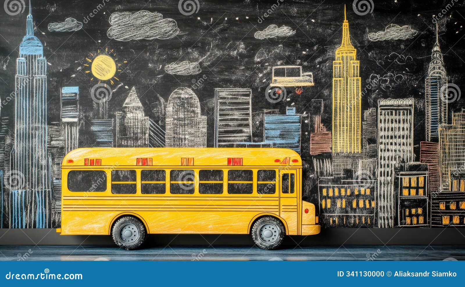 School Bus and Landmark Drawn on Chalkboard with Ample Room for ...