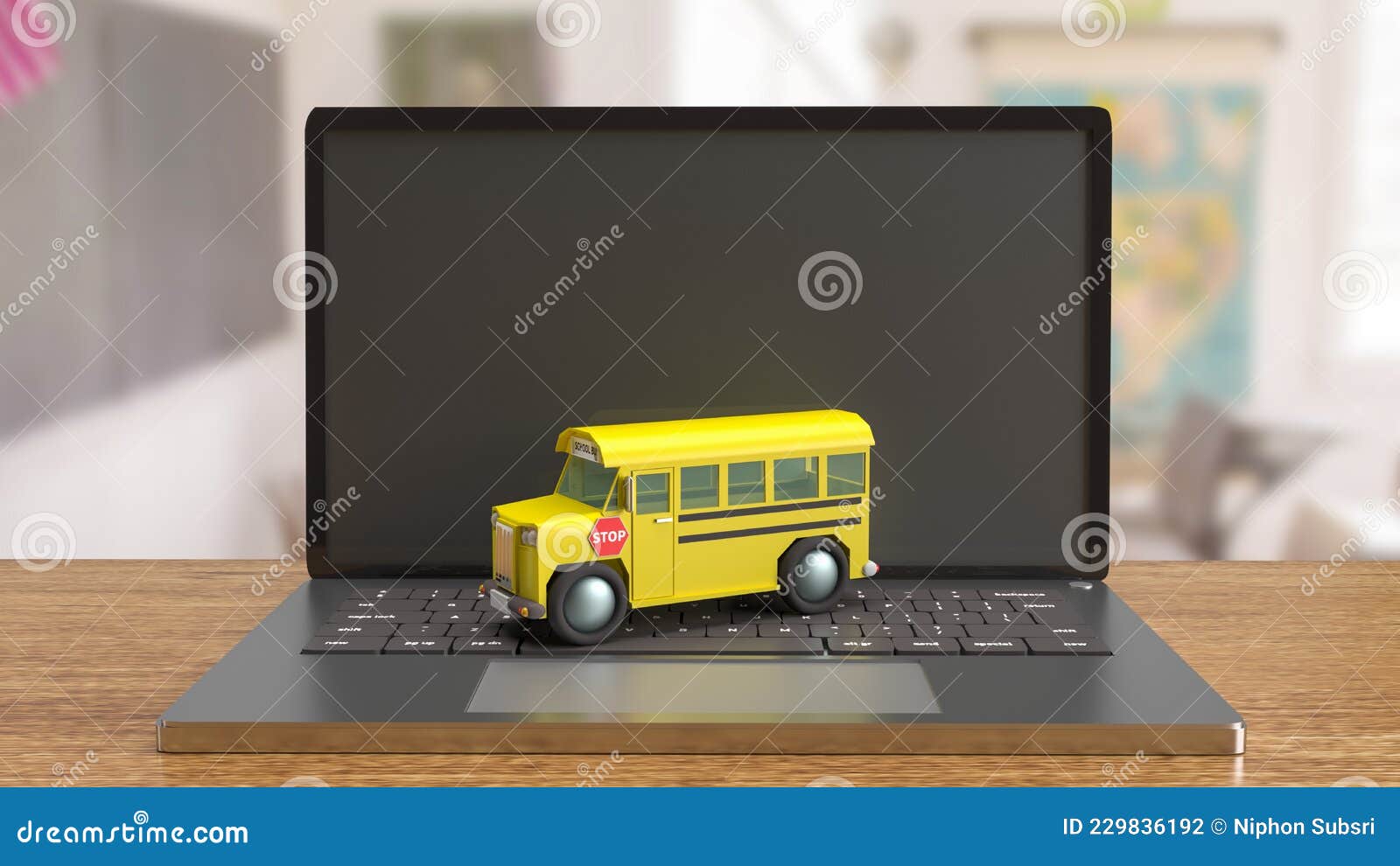School Bus on Laptop for E Learning Concept 3d Rendering Stock ...