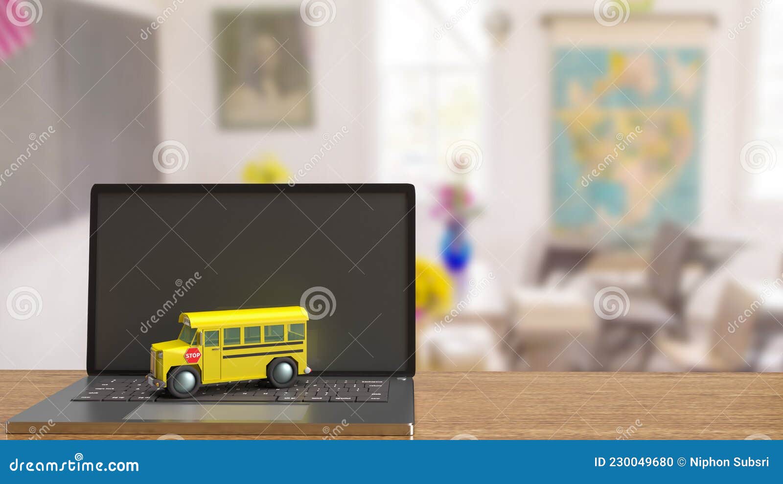School Bus on Laptop for E Learning Concept 3d Rendering Stock Illustration - Illustration of ...