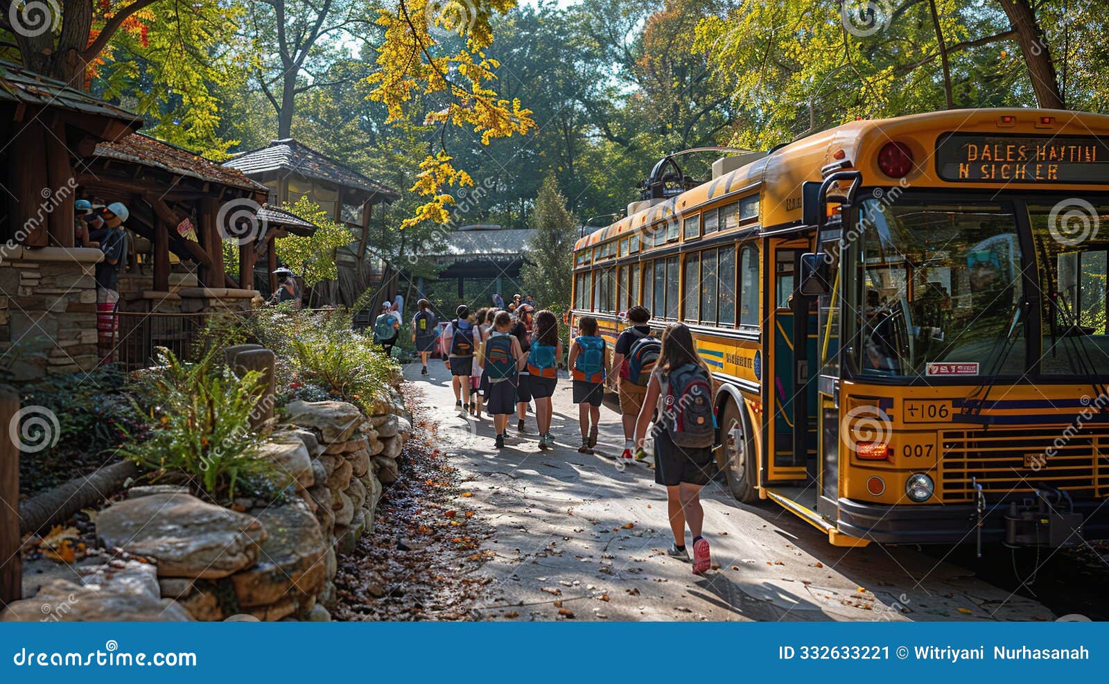 School Bus at a Park stock illustration. Illustration of group - 332633221