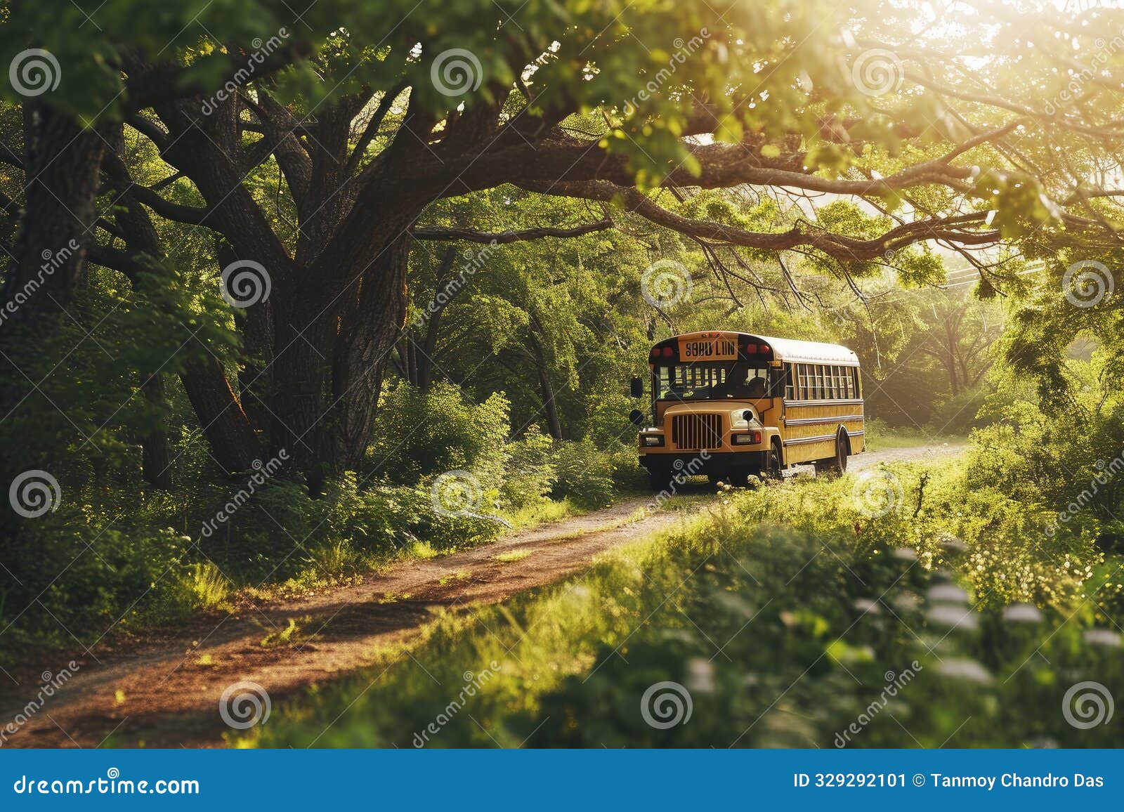 A School Bus Passing through a Path of Flourishing Trees, Showcasing ...