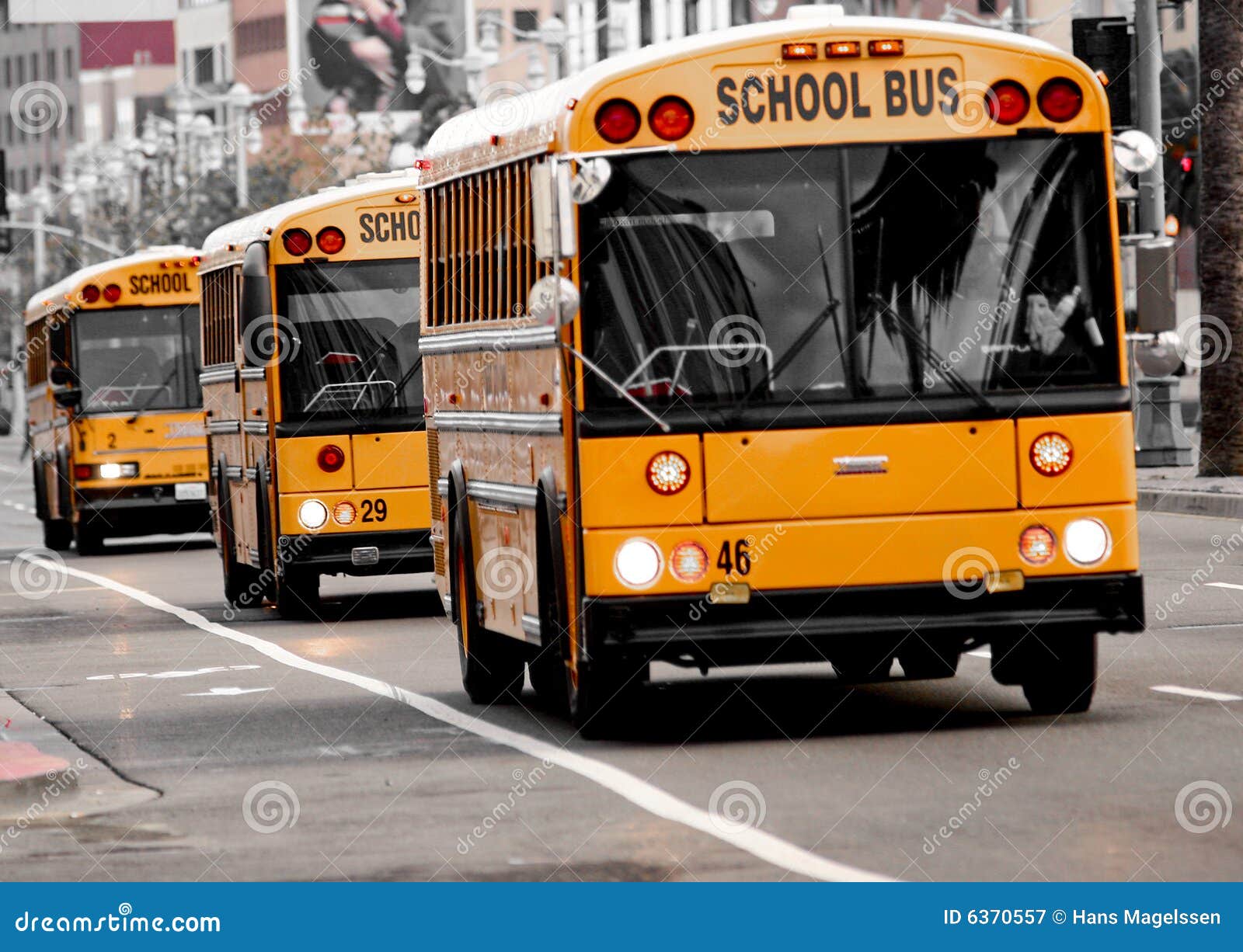 School buses driving stock image. Image of downtown, shiny - 6370557