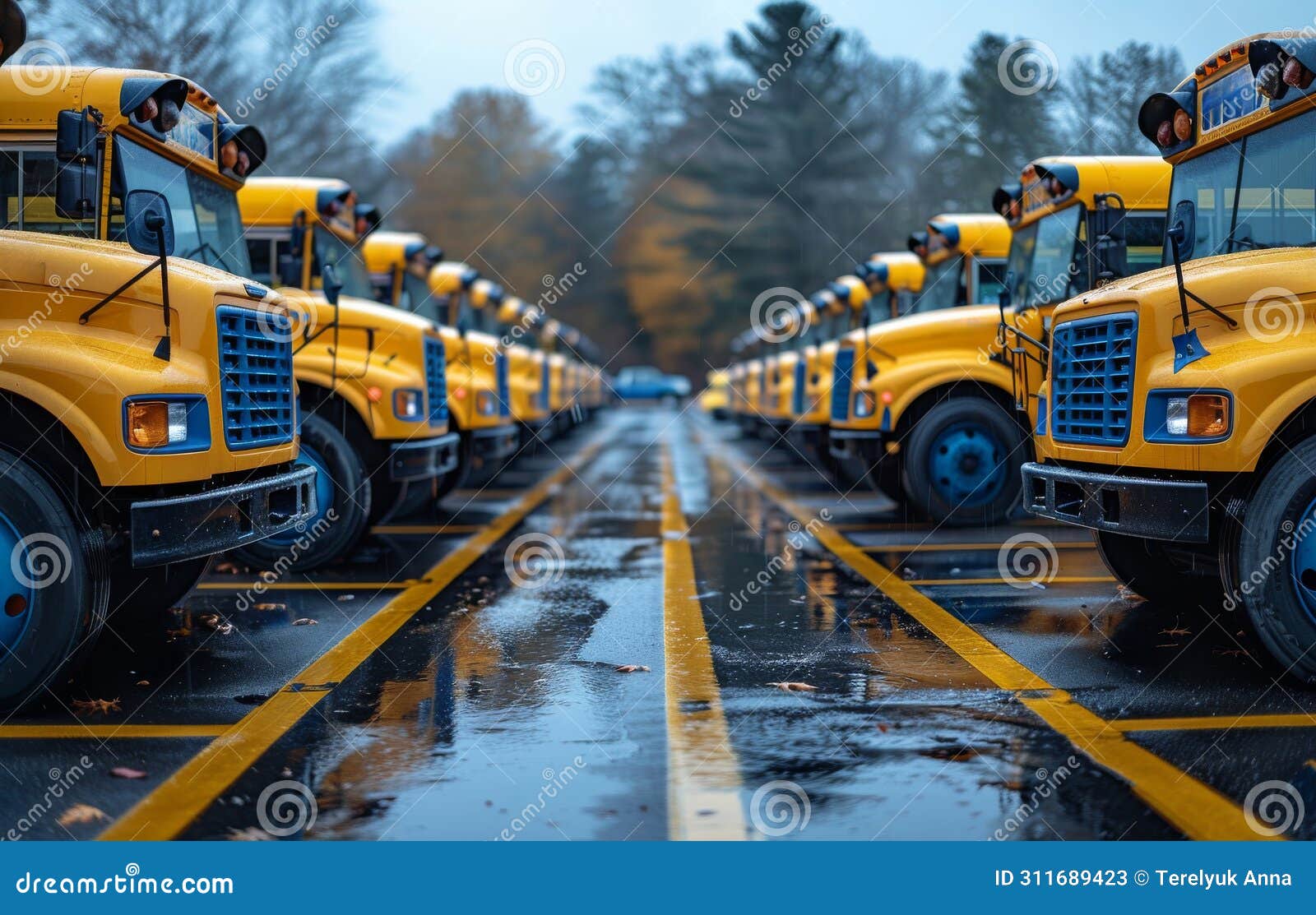 School Buses Parked in Long Row. Row of Parked School Buses Ready To ...