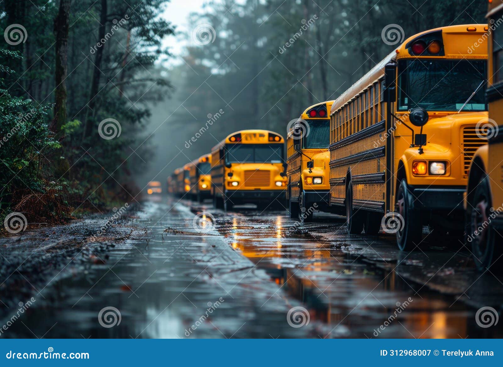 School Buses Parked in the Rain Stock Image - Image of driver, front ...