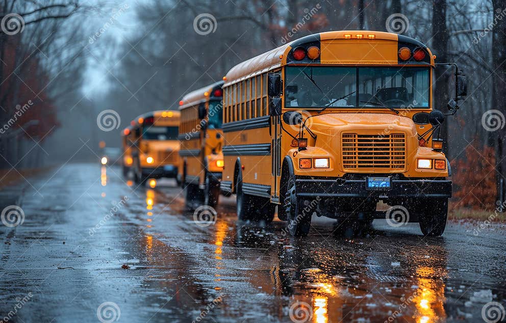 School Buses Parked on the Road in the Rain Stock Image - Image of ...